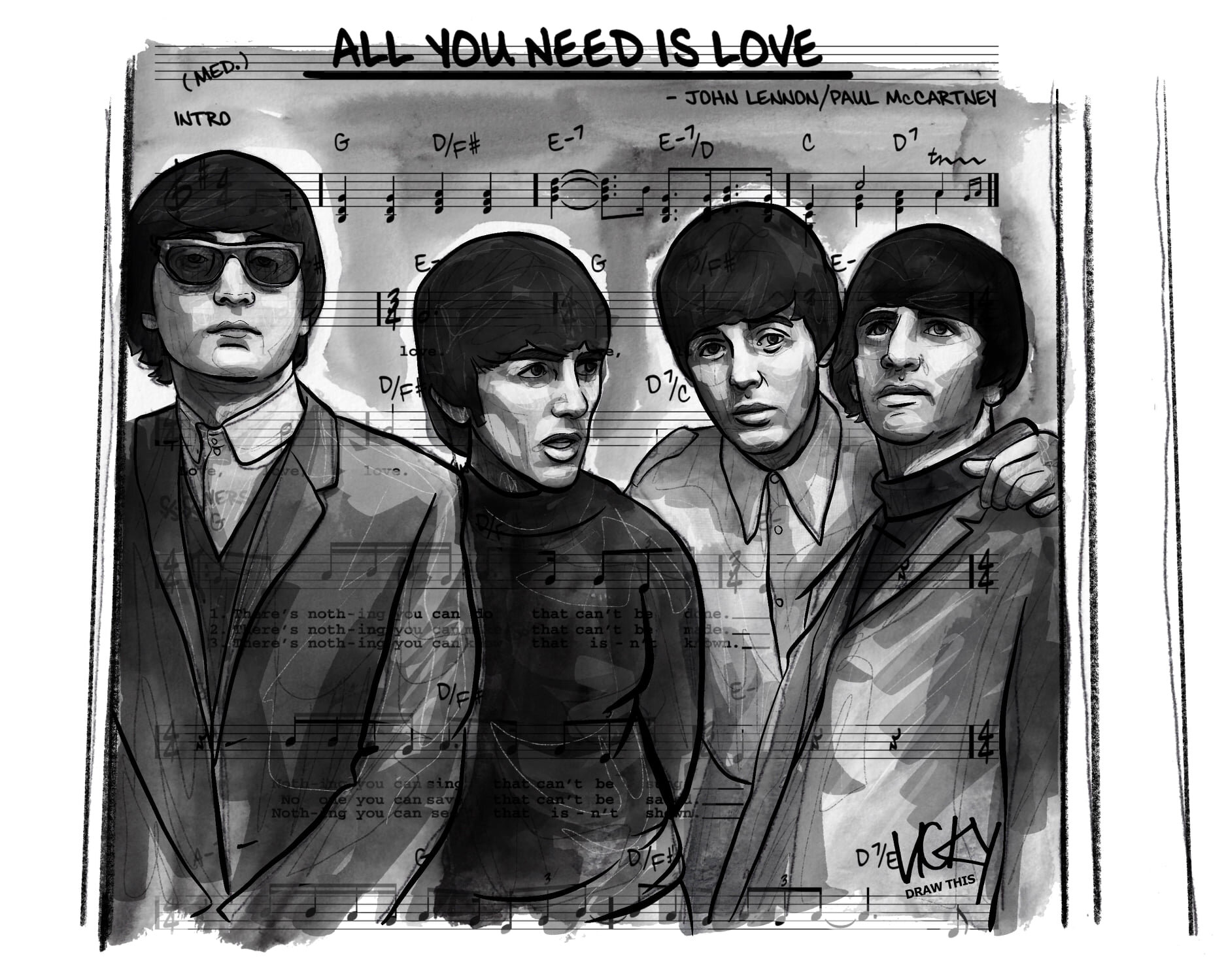 Beatles Black And White Drawing