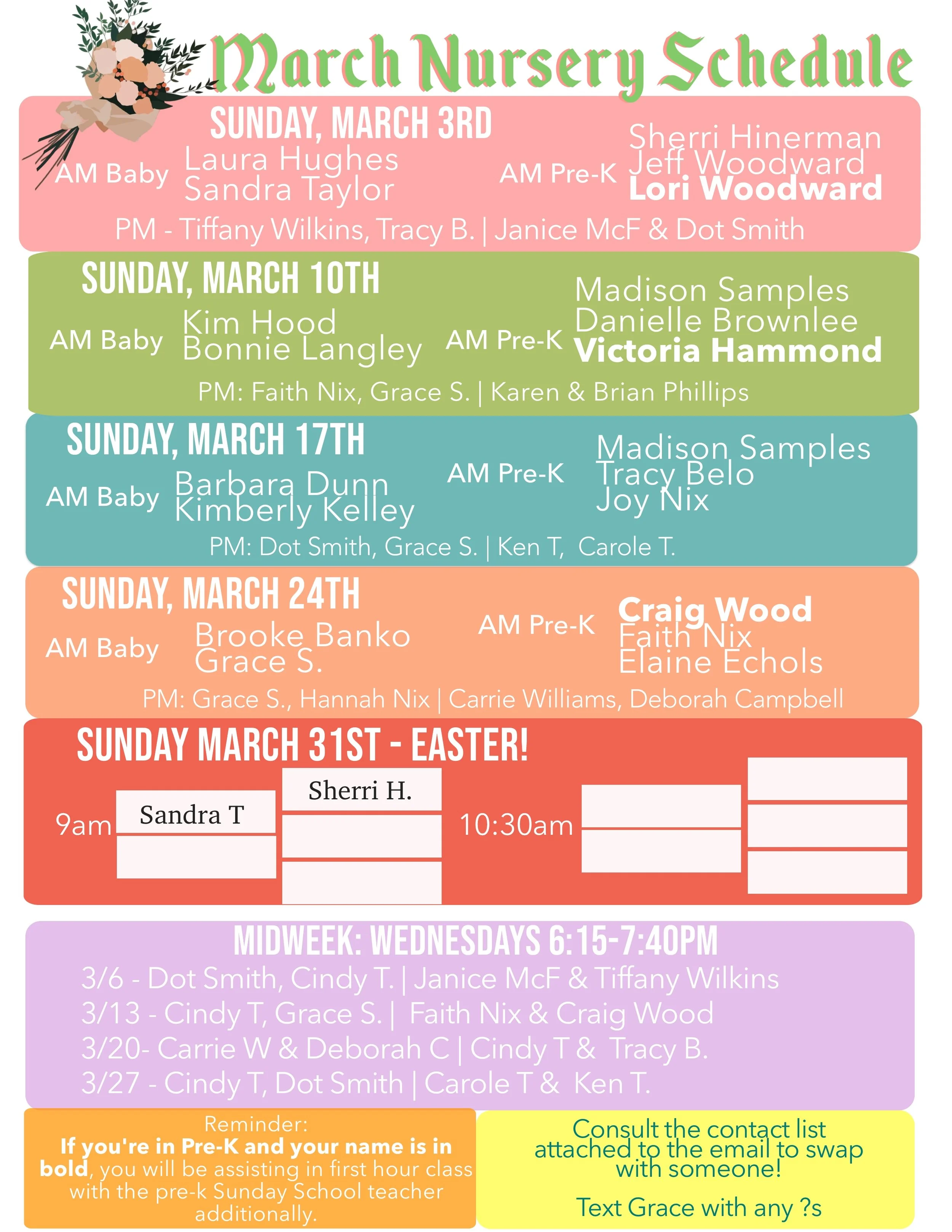 Volunteer Schedule — Pickett's Mill Baptist Church