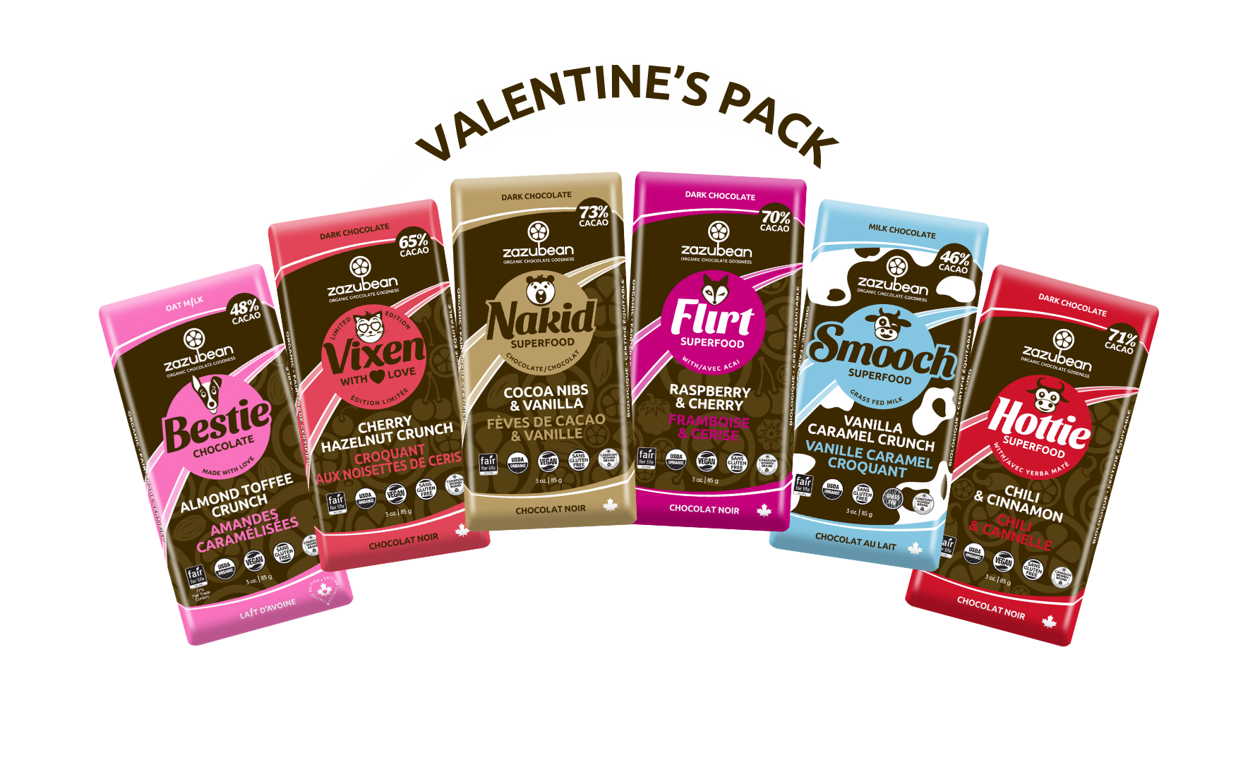 Valentine's Variety Pack (6 x 85g bars) — Zazubean Organic Chocolates