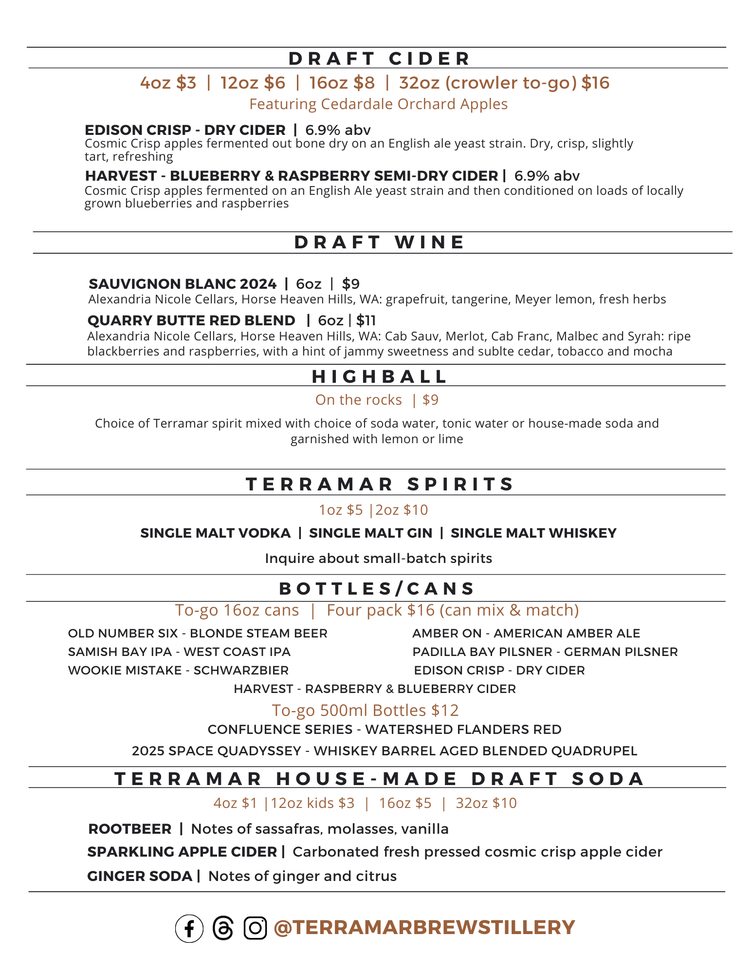 Beer & Cider Menu | Terramar Brewstillery