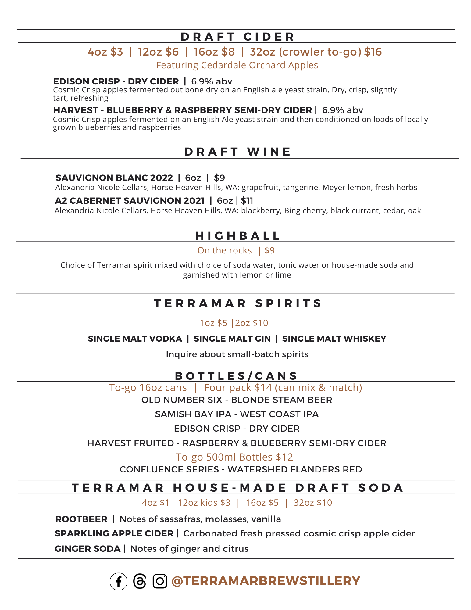 Beer & Cider Menu | Terramar Brewstillery