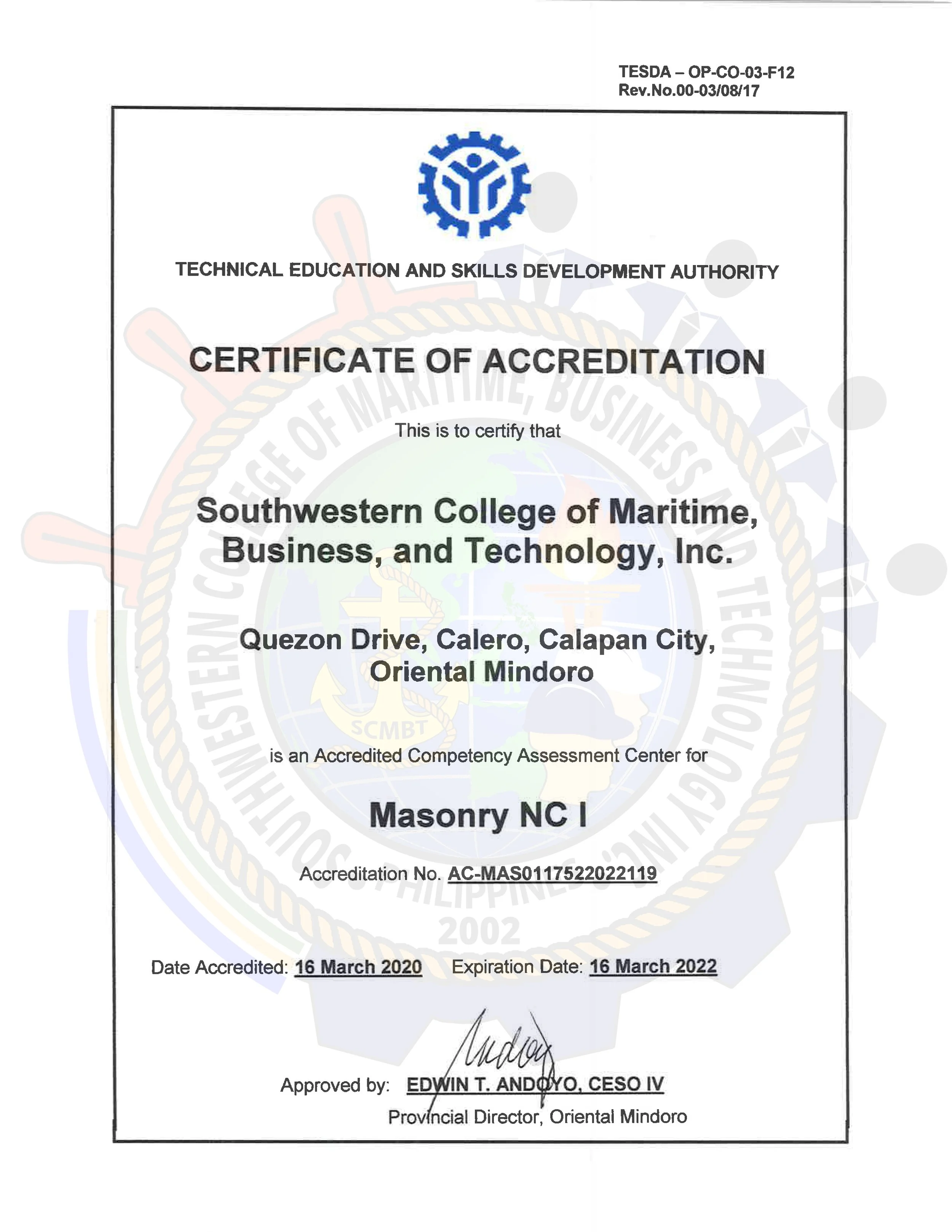 TESDA Accreditation Certificates — SCMBT