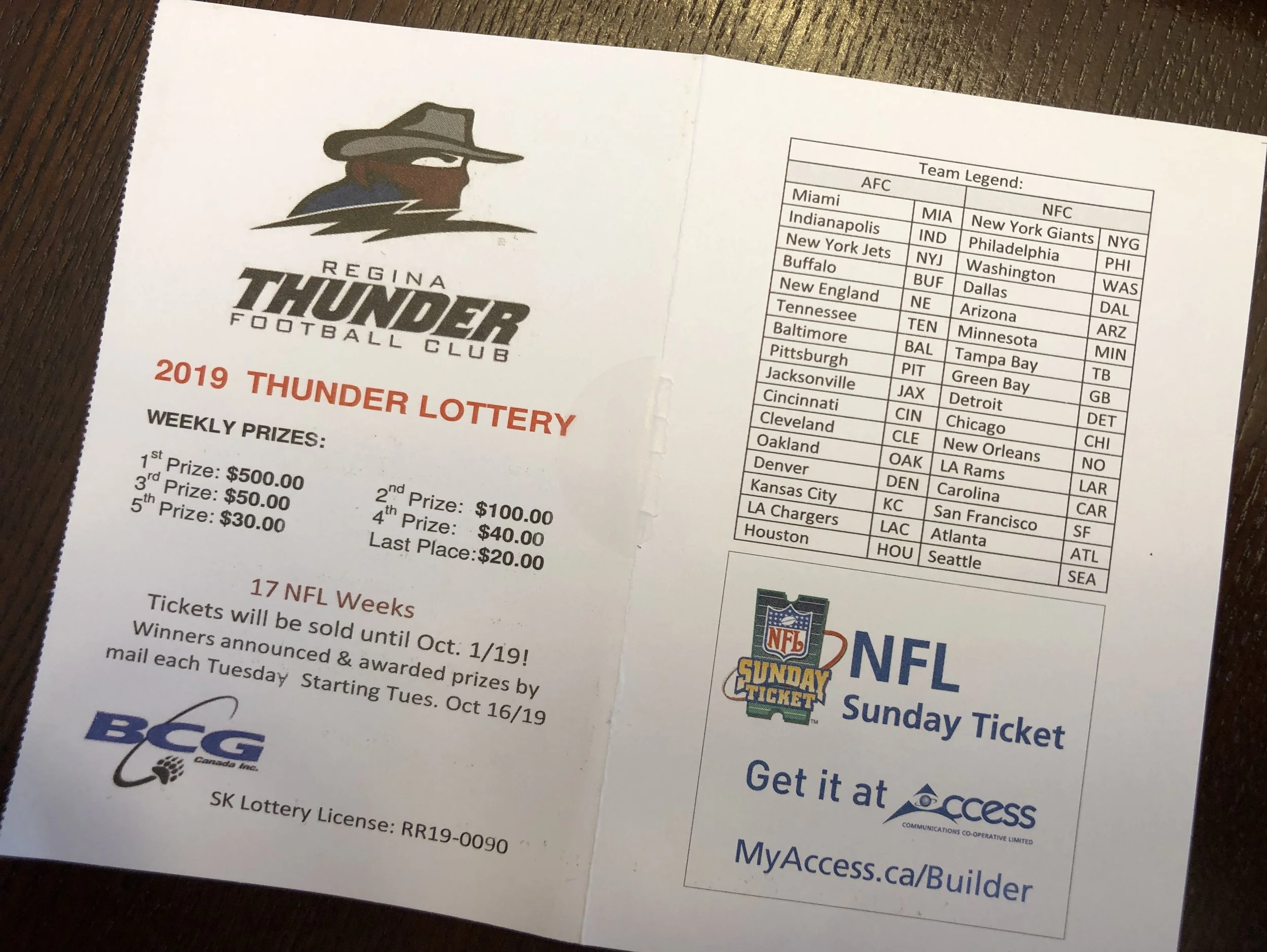 2023 NFL Lottery Ticket — REGINA THUNDER