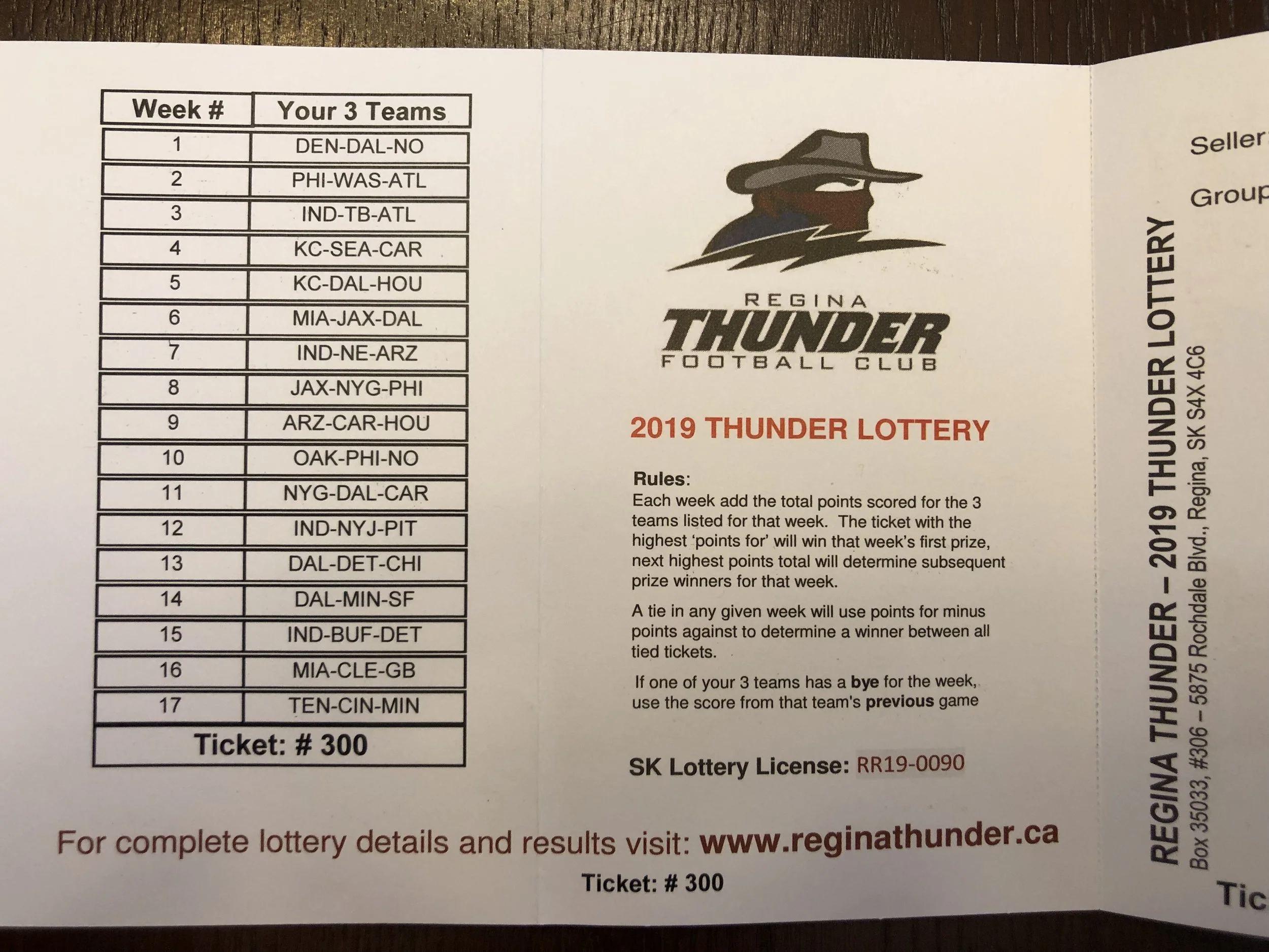 2023 NFL Lottery Ticket — REGINA THUNDER