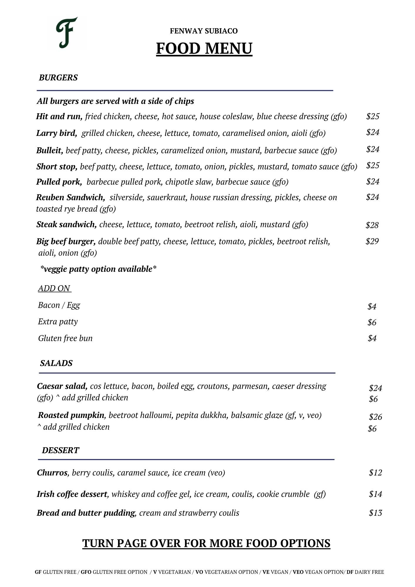 Food Menu — Fenway Subiaco