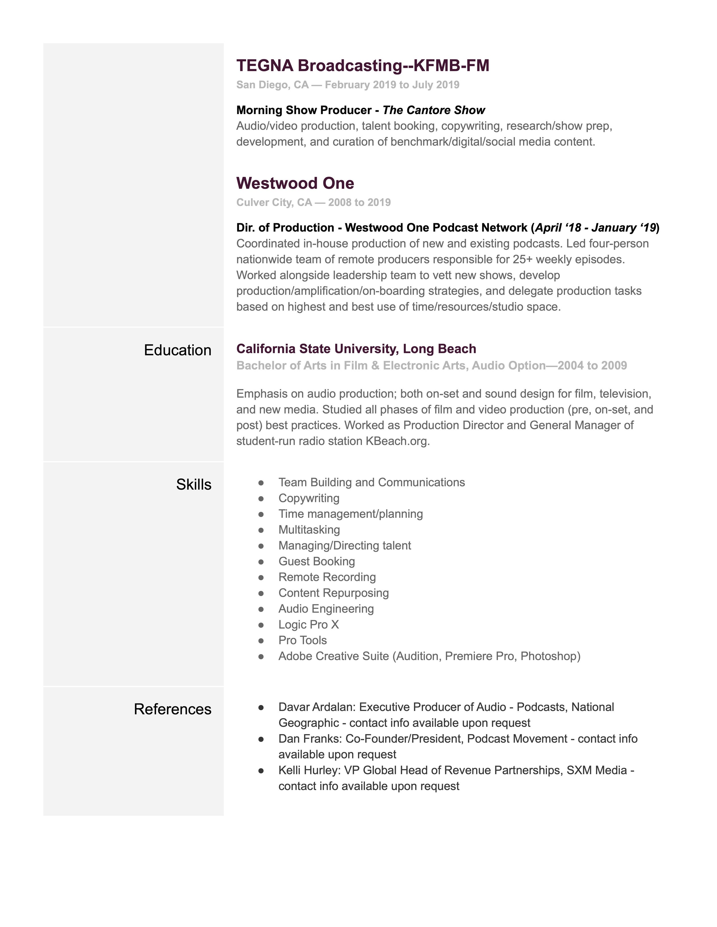 CURRENT RESUME — Producer Ted