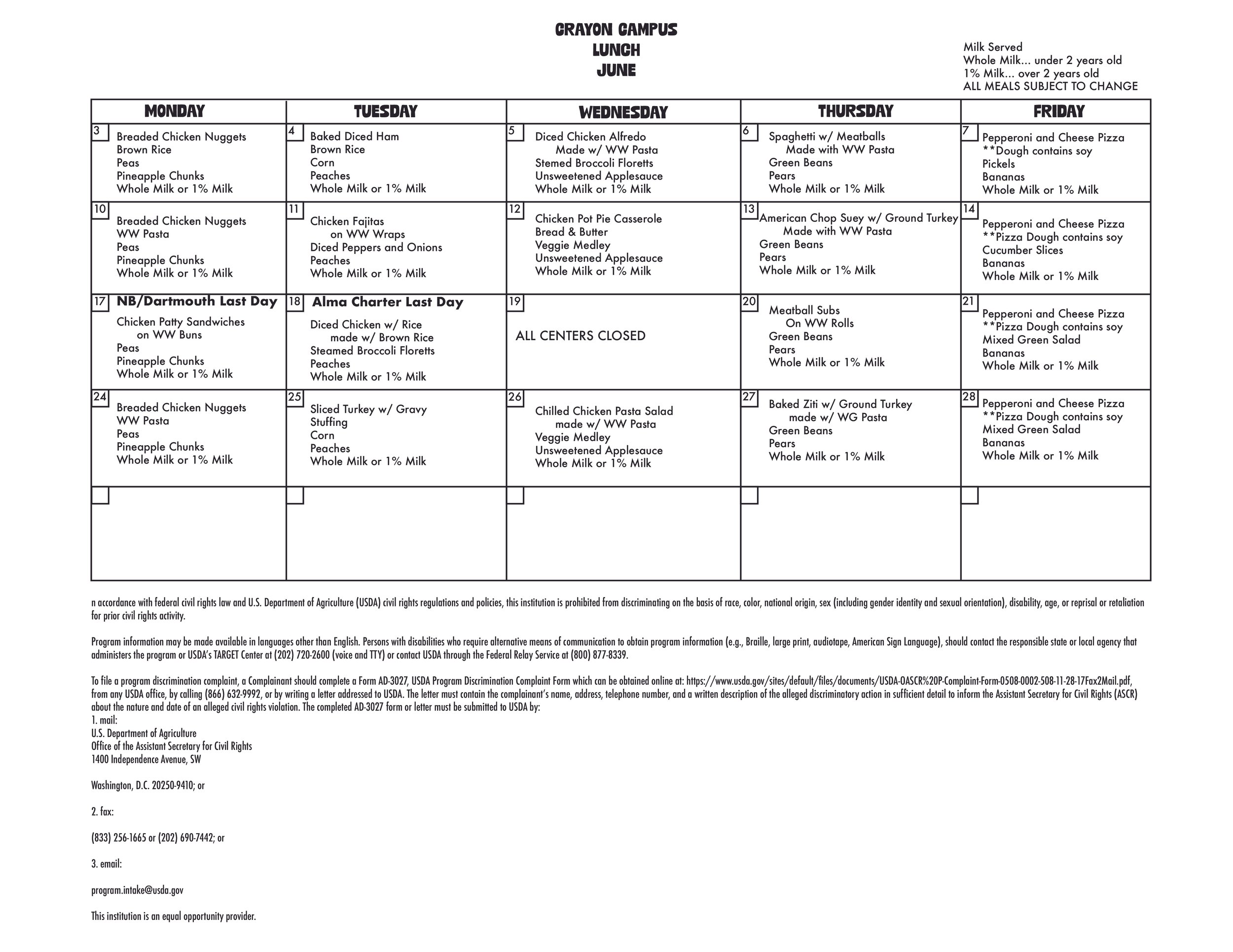 Monthly Menu — Crayon Campus — Where Learning Begins with Caring