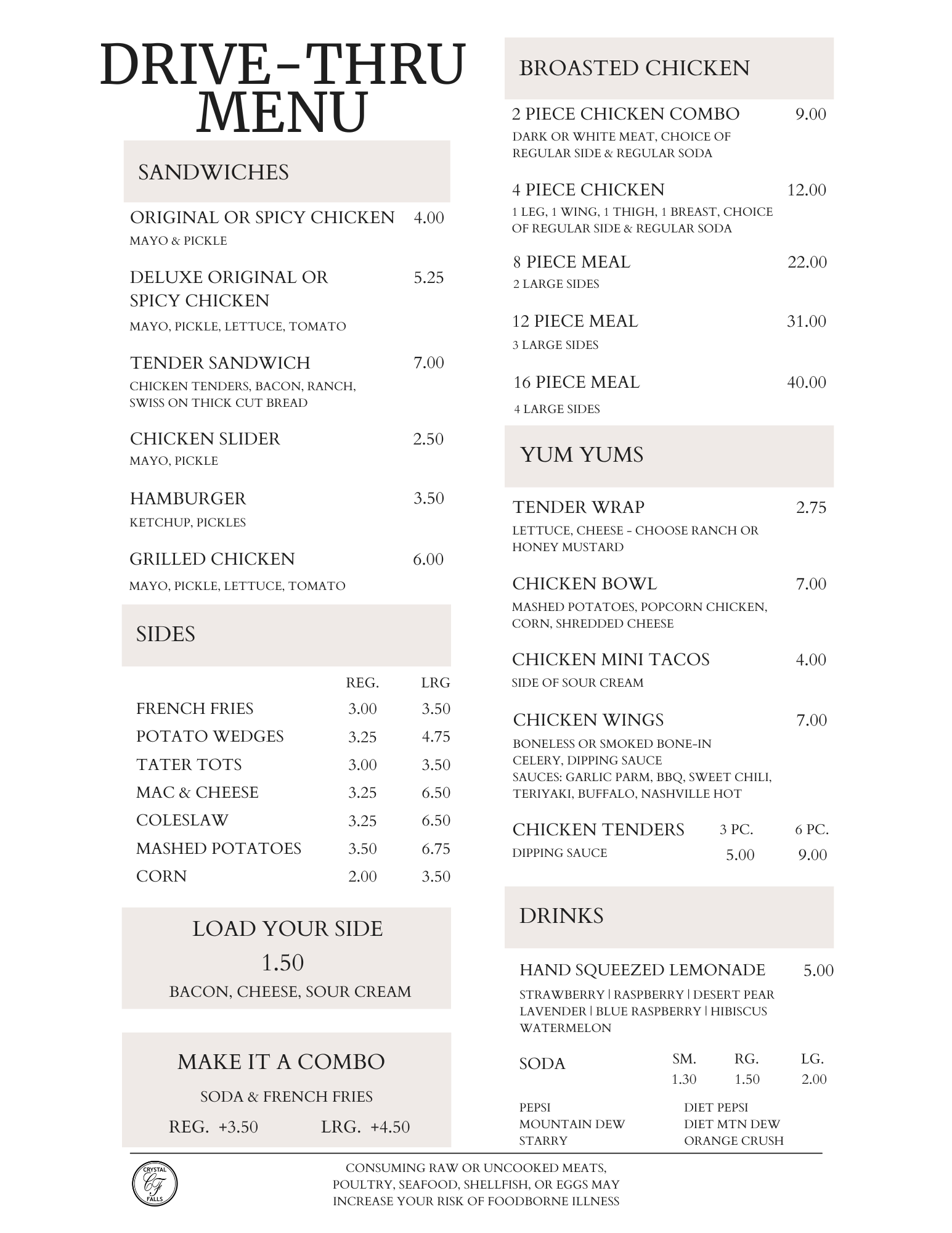 Restaurant Menu PDF — CRYSTAL FALLS