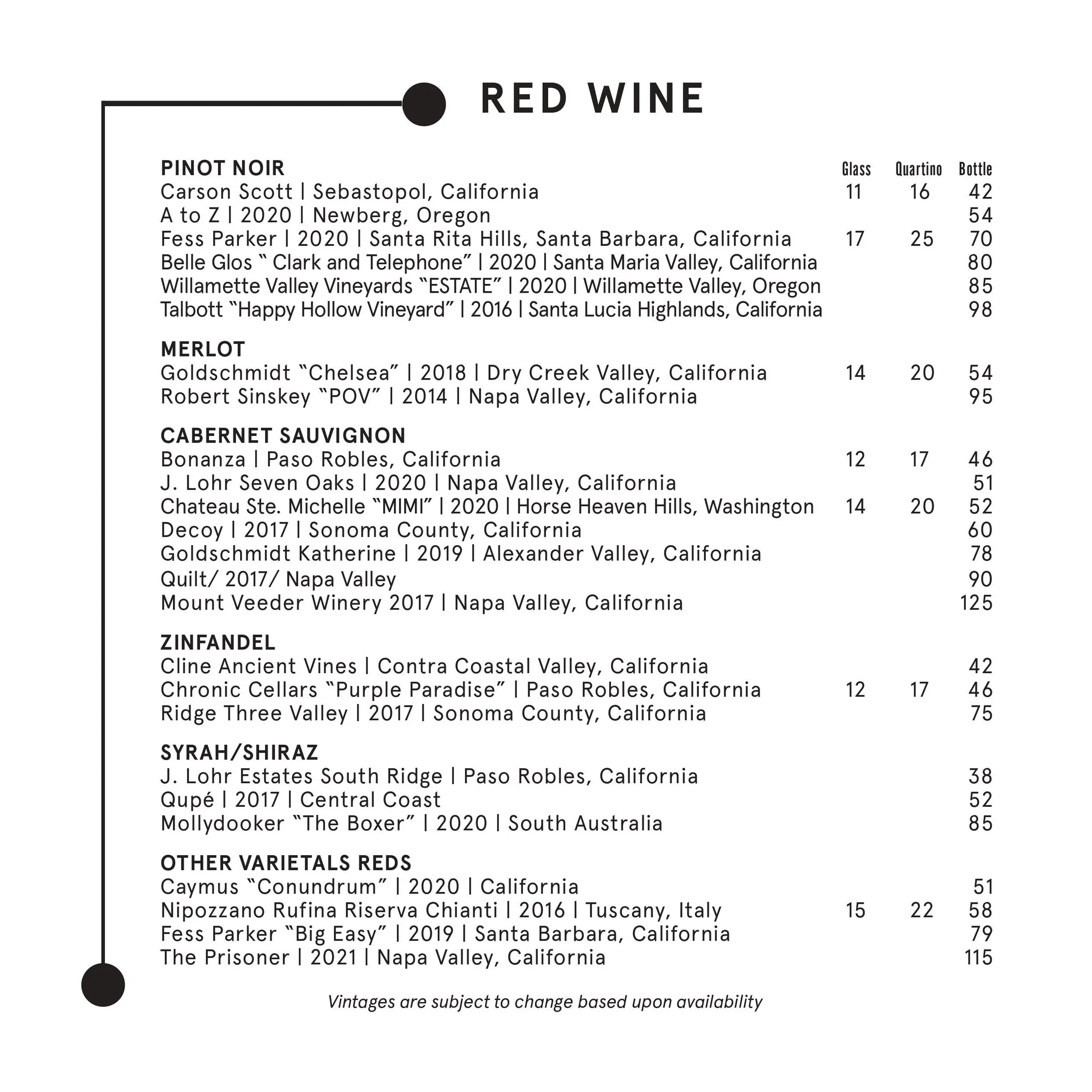 Red Wine Menu — Cotton Hollow Kitchen