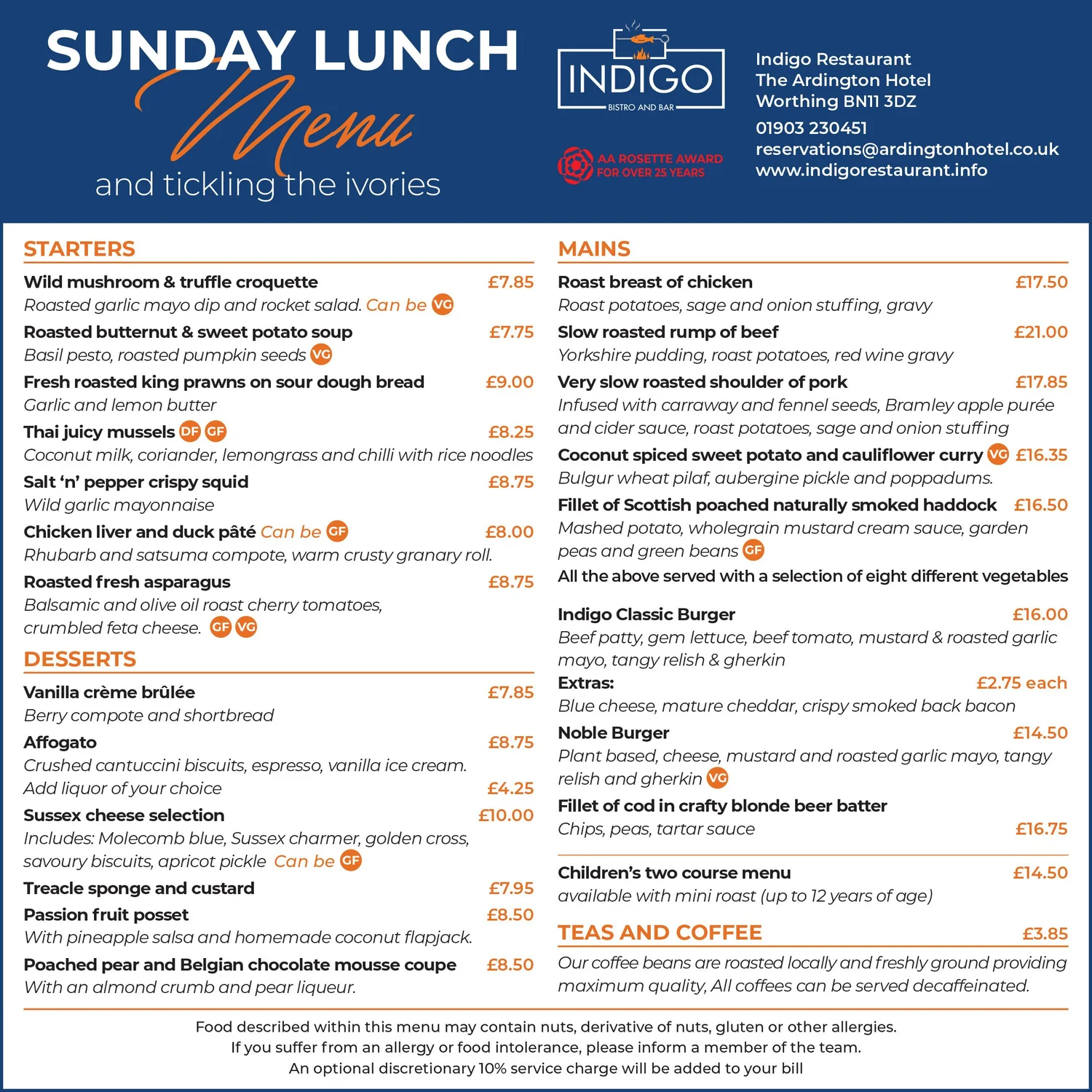September Sunday Lunch menu — Indigo Restaurant | Worthing, West Sussex
