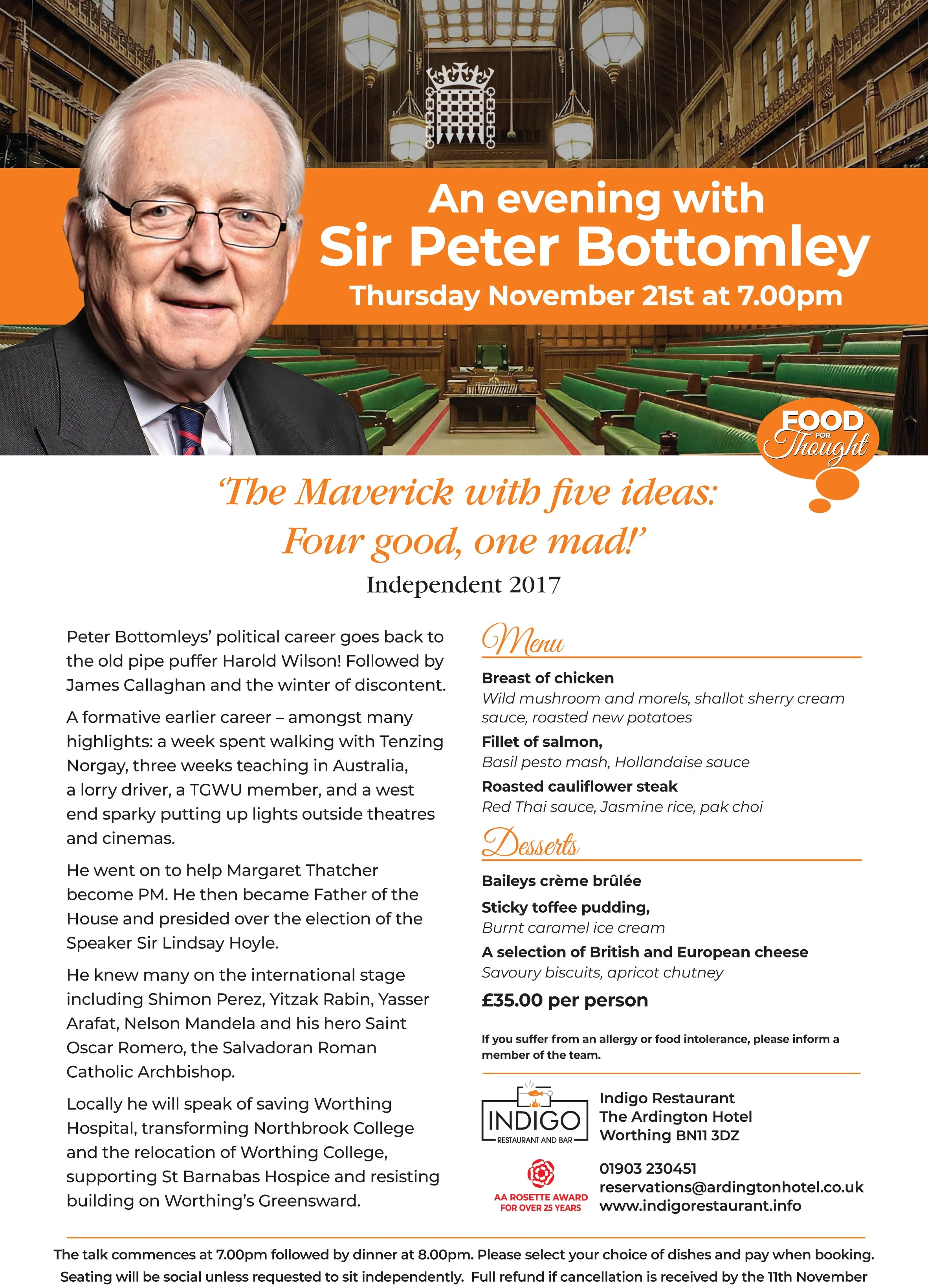 An evening with Sir Peter Bottomley — Indigo Restaurant | Worthing ...