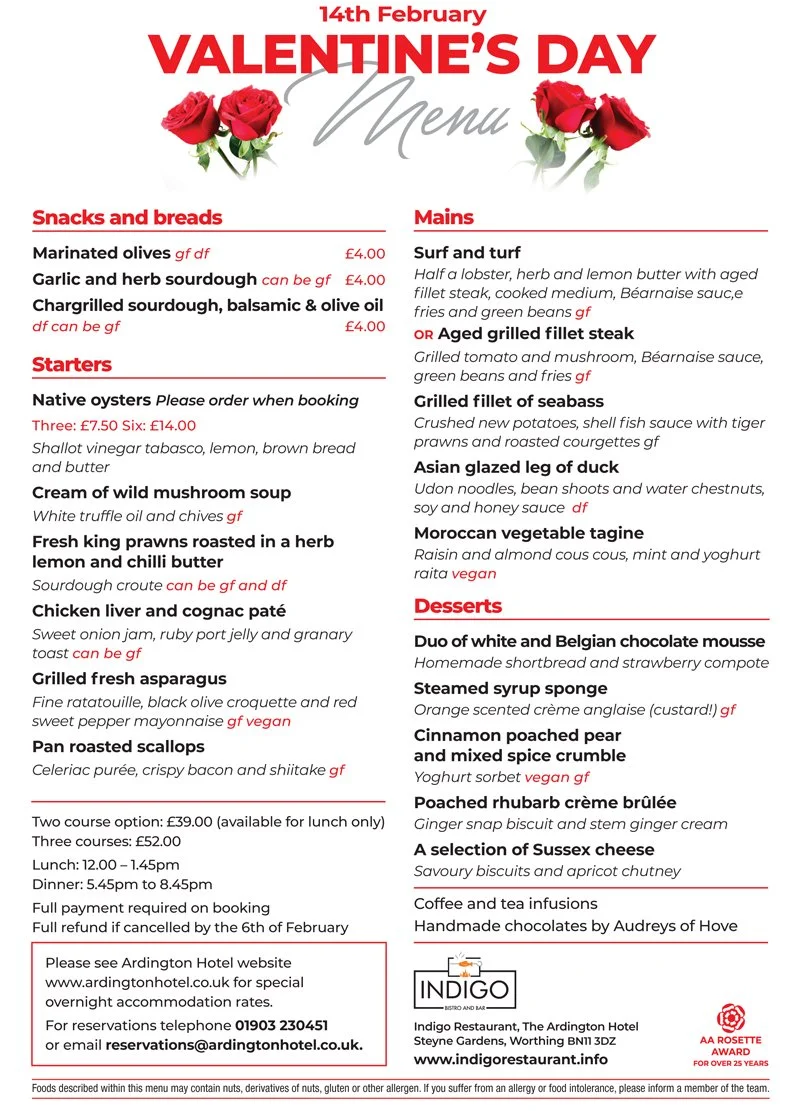 Valentines Day — Indigo Restaurant | Worthing, West Sussex