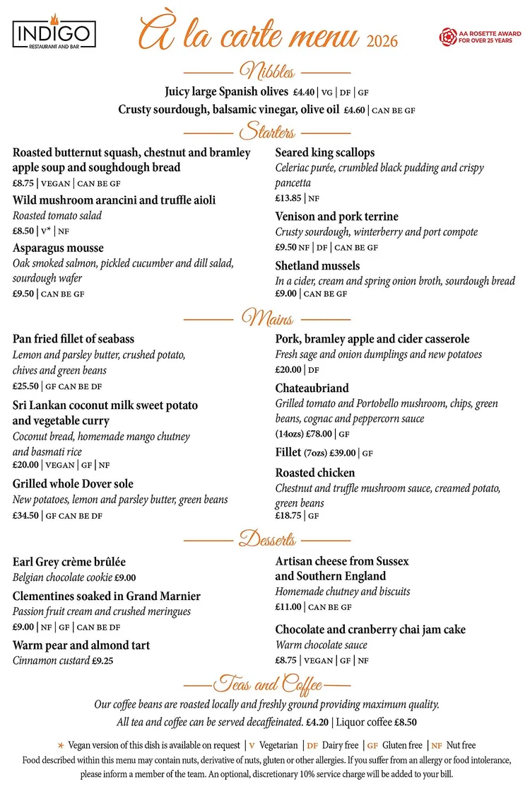 Our restaurant menu — Indigo Restaurant | Worthing, West Sussex