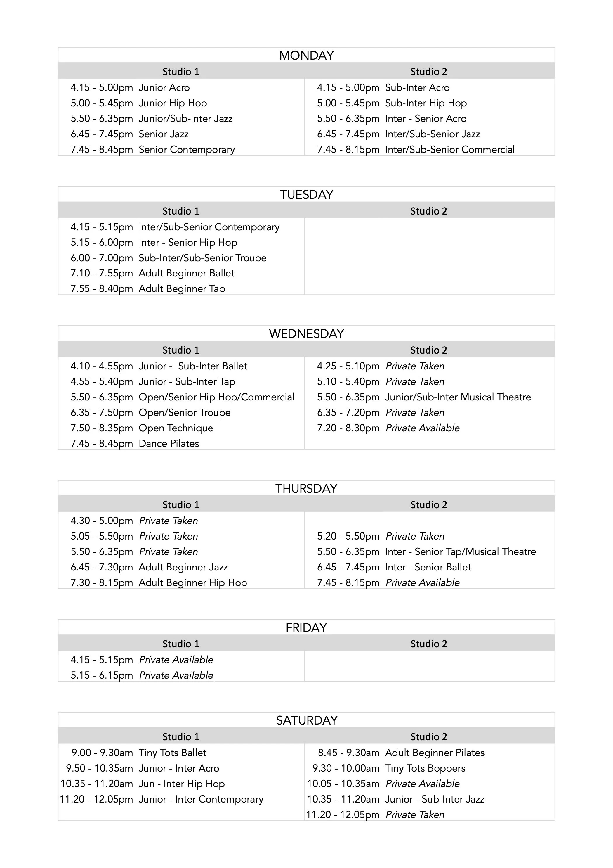 Timetable — AT Dance