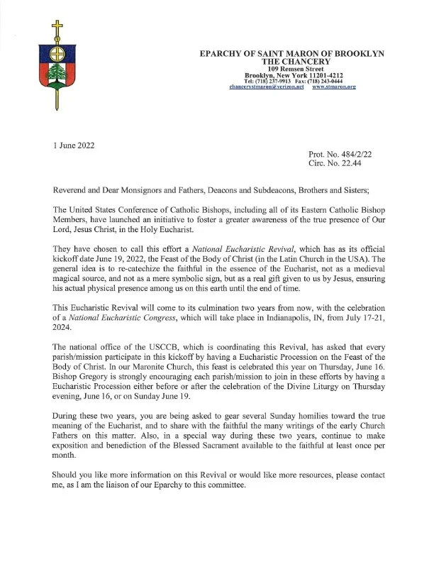 Circular letter on National Eucharistic Revival — Eparchy of Saint ...