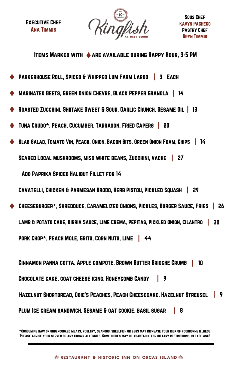 Dining Menu at Kingfish Inn | Orcas Island Restaurant — Kingfish at ...