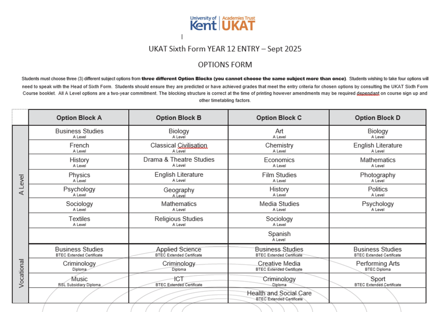 Options Booklet — Chatham Grammar