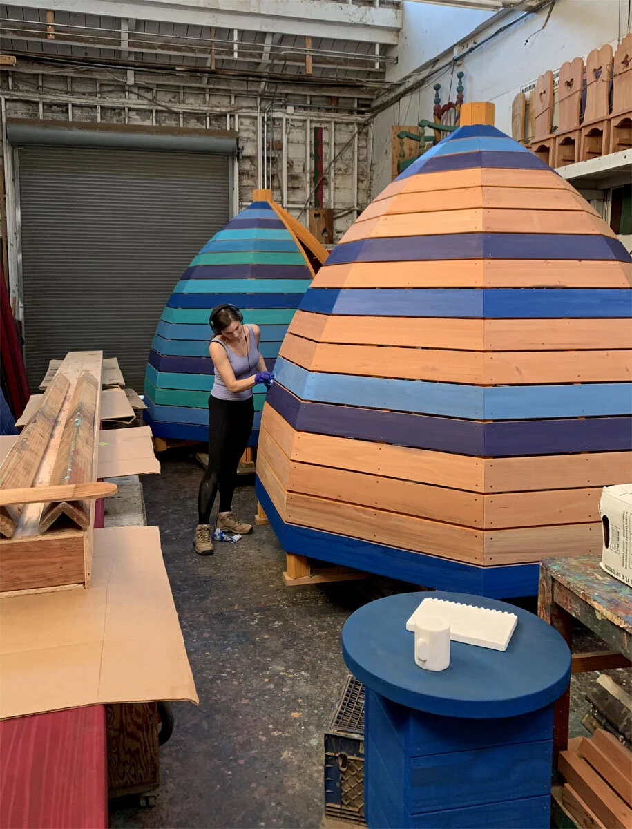 Staining the Retreat Huts - Barbara Butler Artist-Builder Inc.