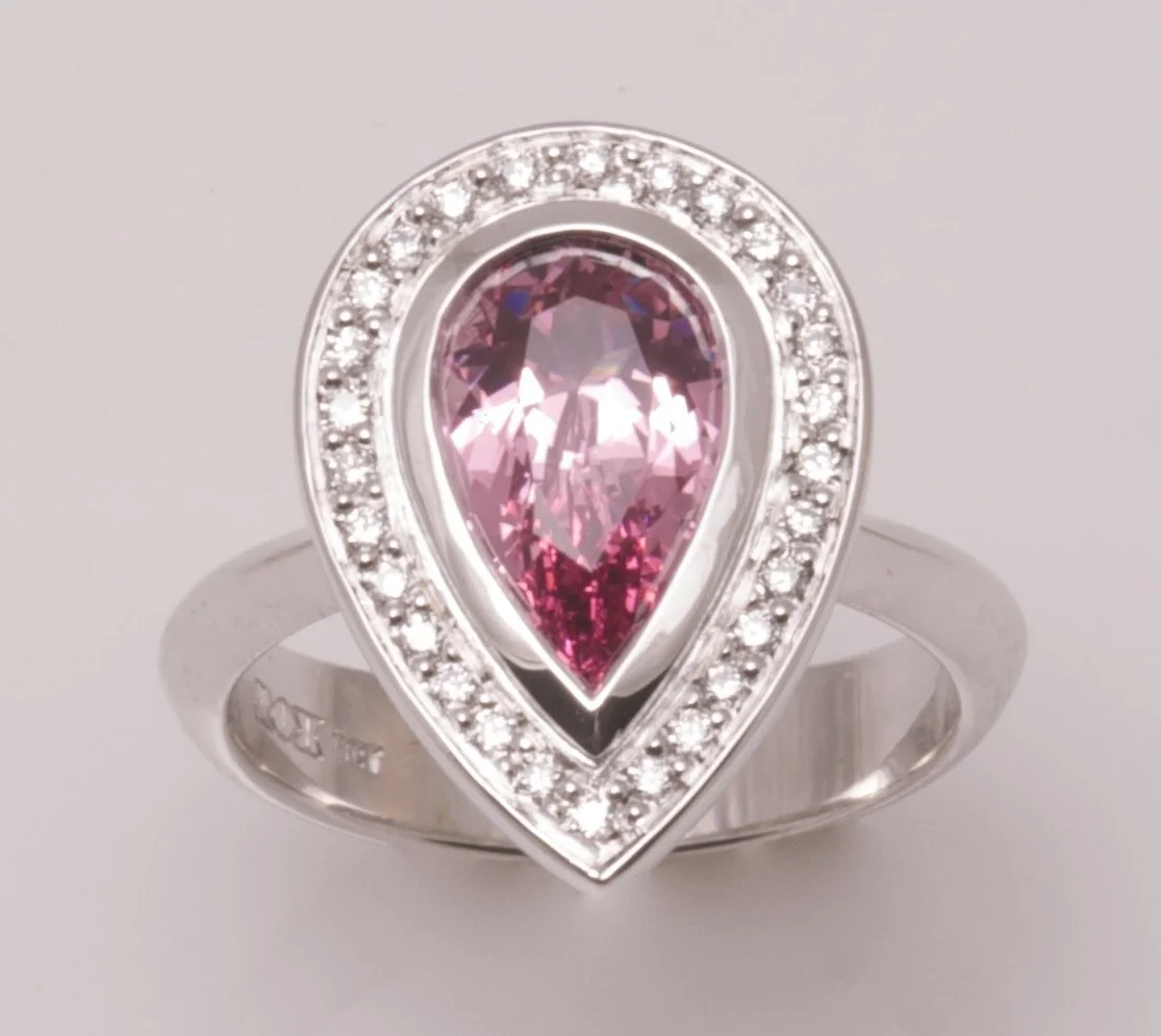 pink Spinel pear-cut ring diamond halo — ROX Gems & Jewellery