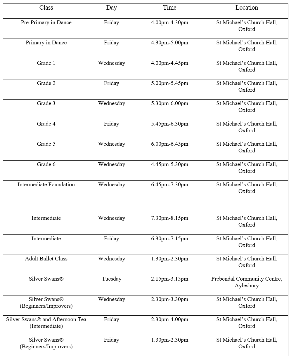 Timetables — Geneva Ballet School