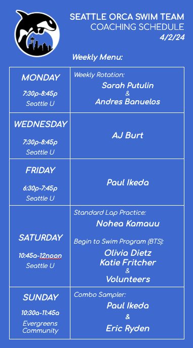 Coaching Schedule — Orca Swim Team