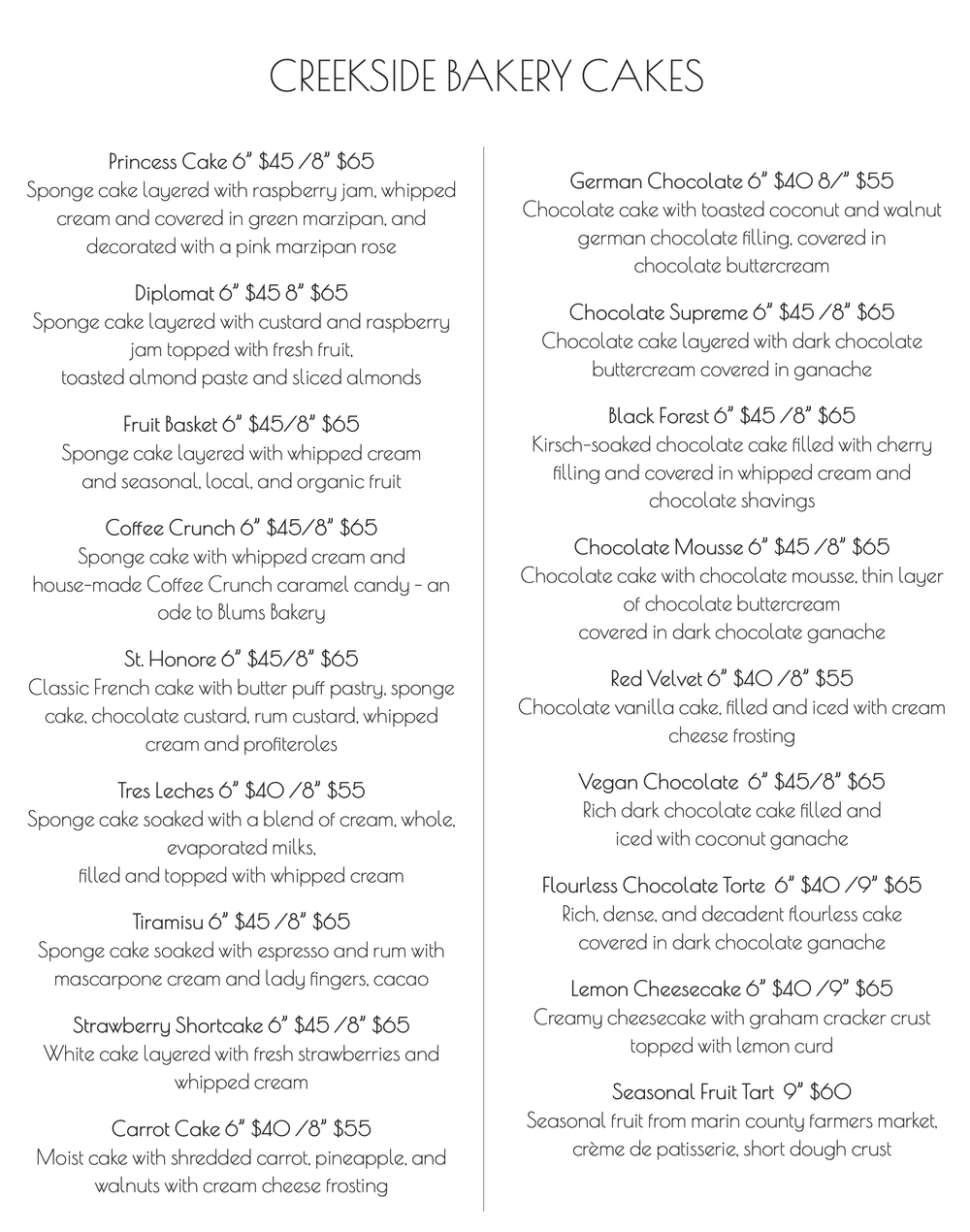 CAKES — CREEKSIDE BAKERY
