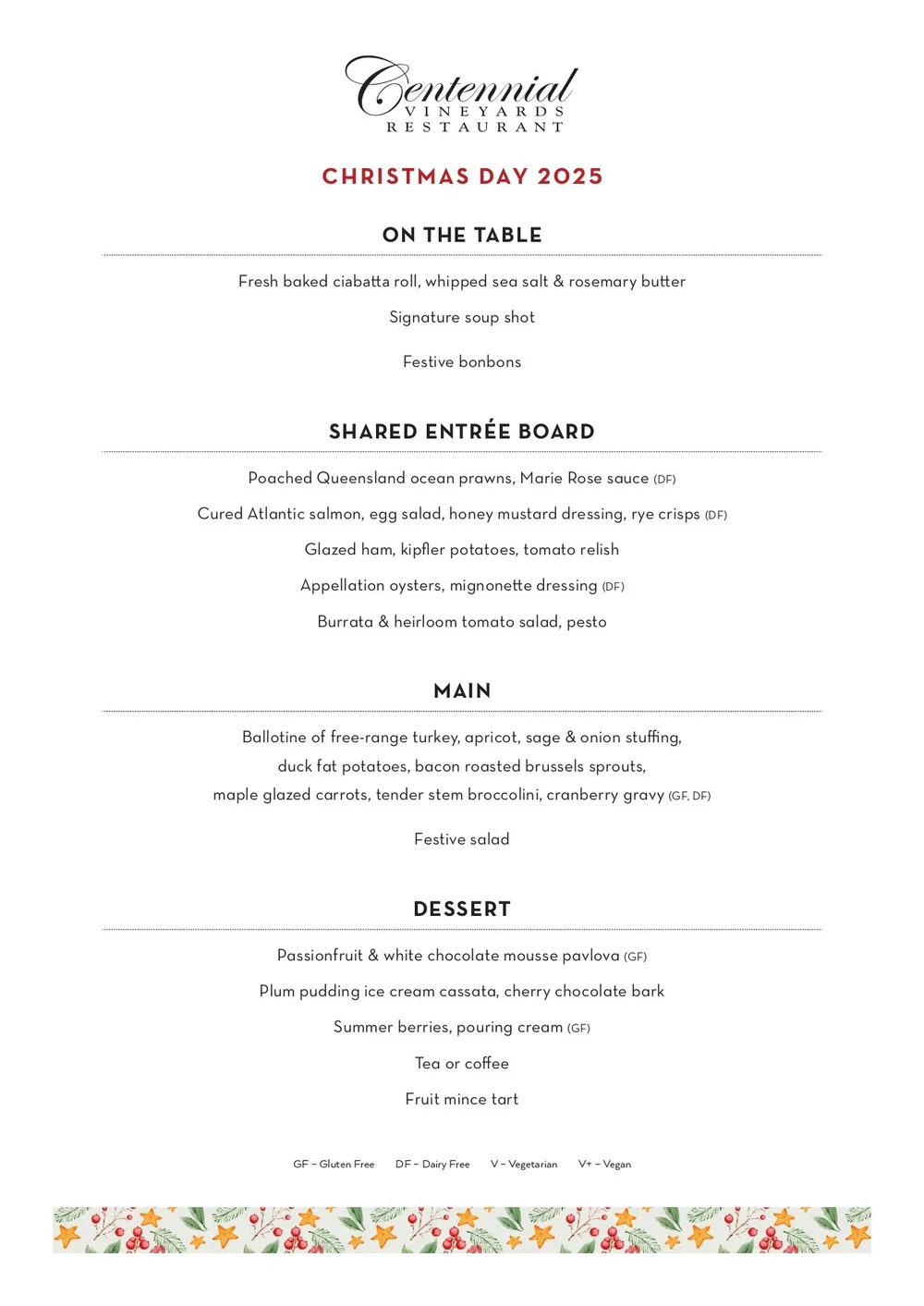 Christmas Day Lunch 2025 | Centennial Vineyards Restaurant