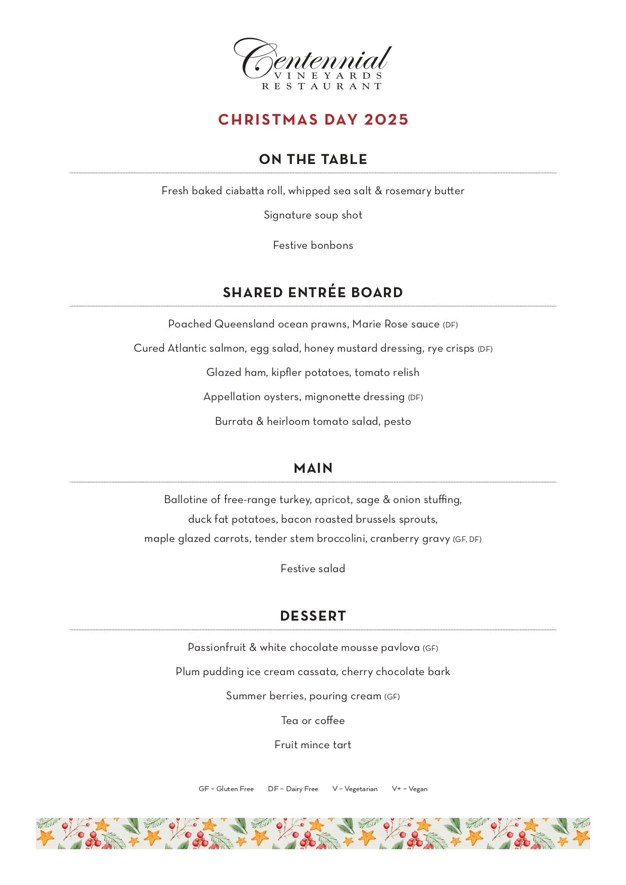 Christmas Day Lunch 2025 | Centennial Vineyards Restaurant
