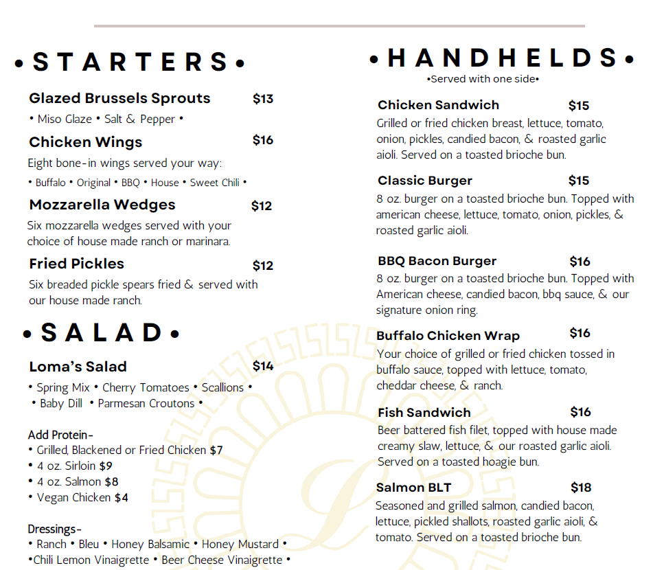 Menu — Loma's at the Opera House