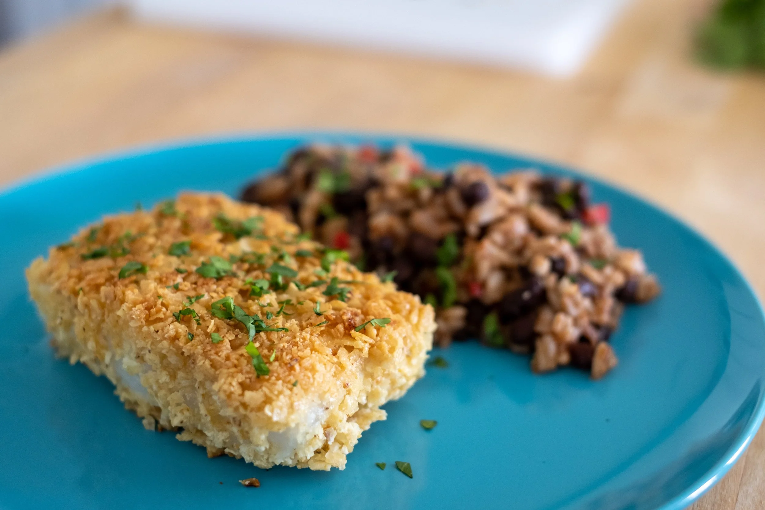 Tortilla Crusted Cod with Rice and Beans — Iceland Catch