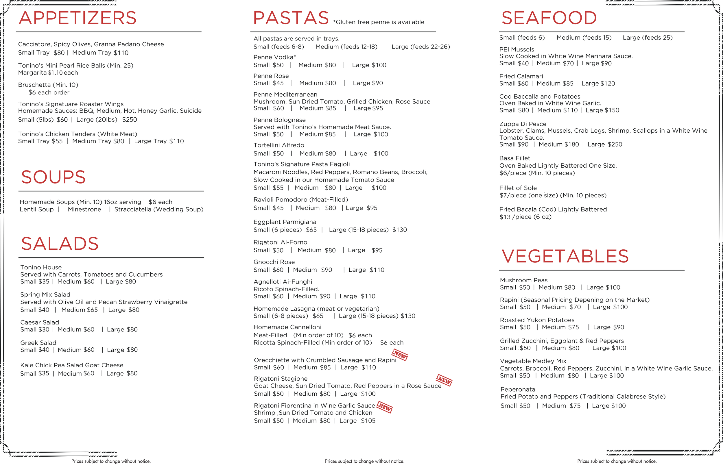 Catering Menu — Tonino's Pizzeria and Panini