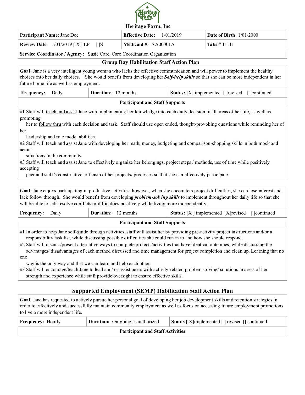 Sample Participant Plan — Heritage Farm