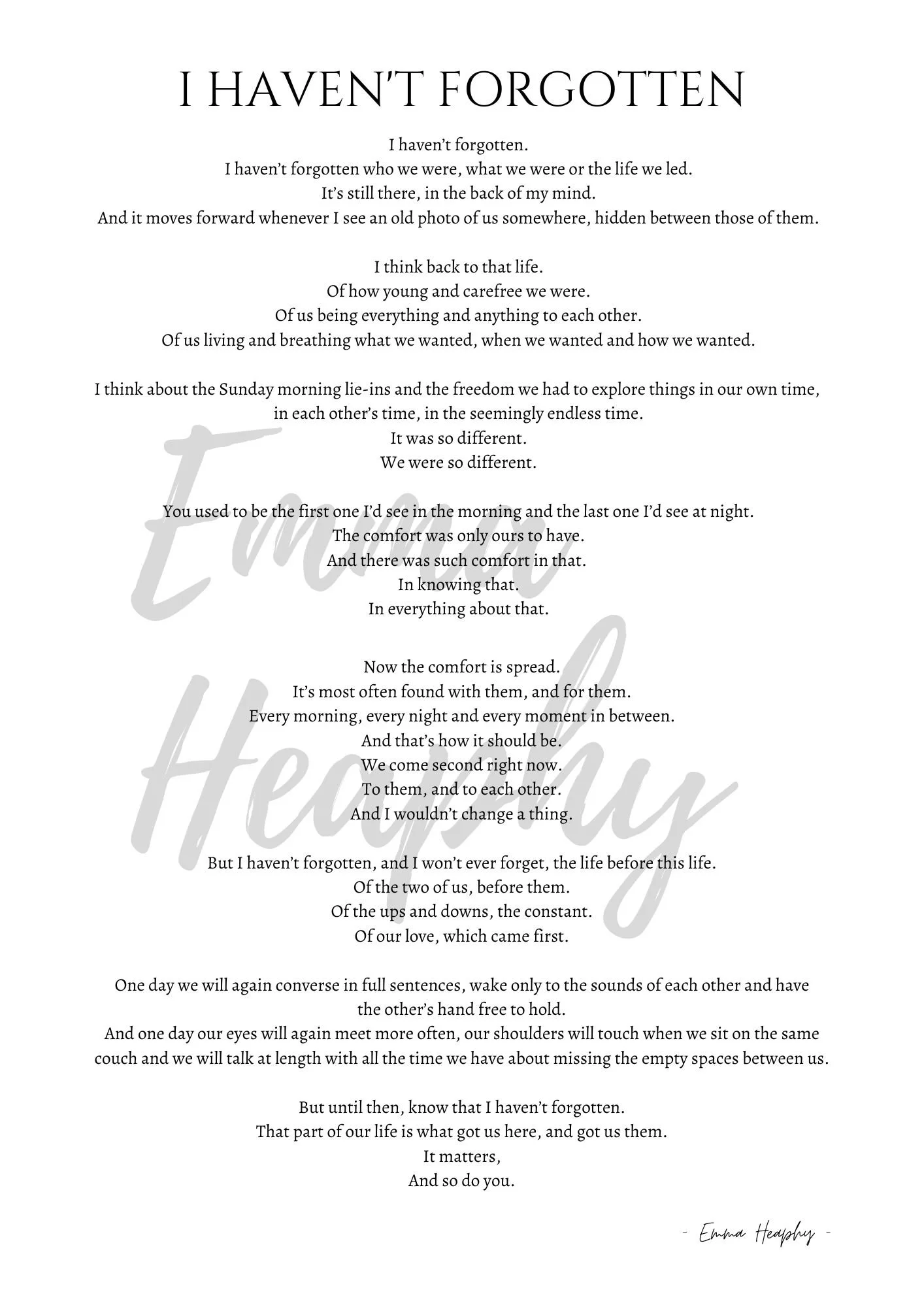 "I haven't forgotten" - Printable Poem - A4 — Words of Emma Heaphy