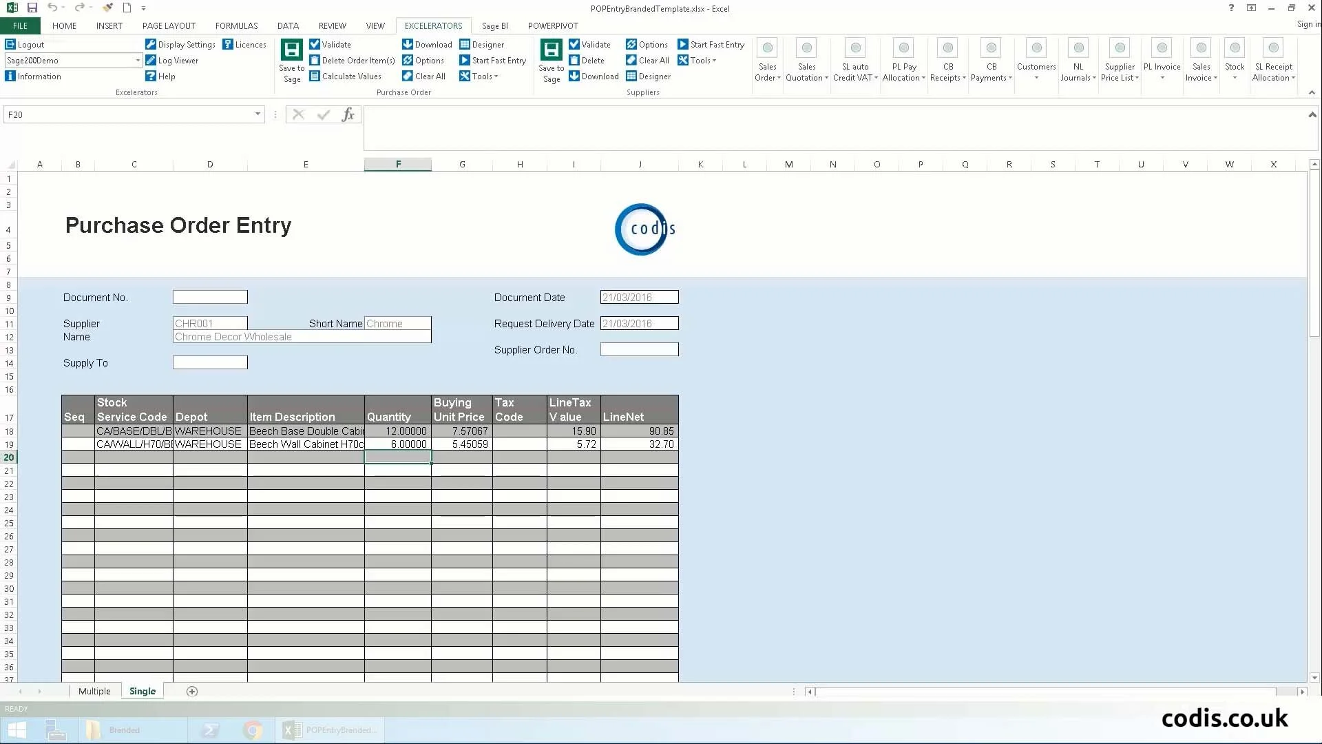 Import Purchase Orders from Excel to Sage 200 — Codis