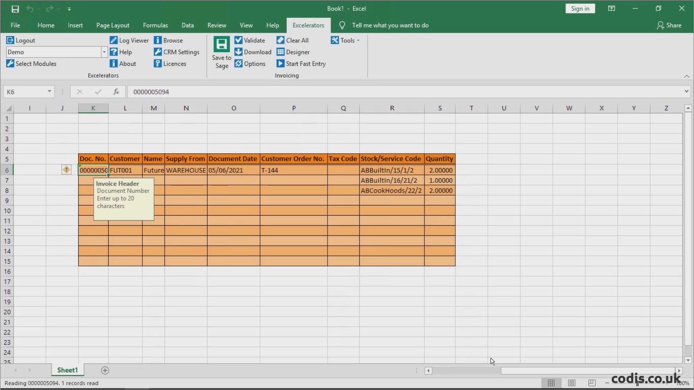 Sage 200 Invoicing, All From Excel — Codis