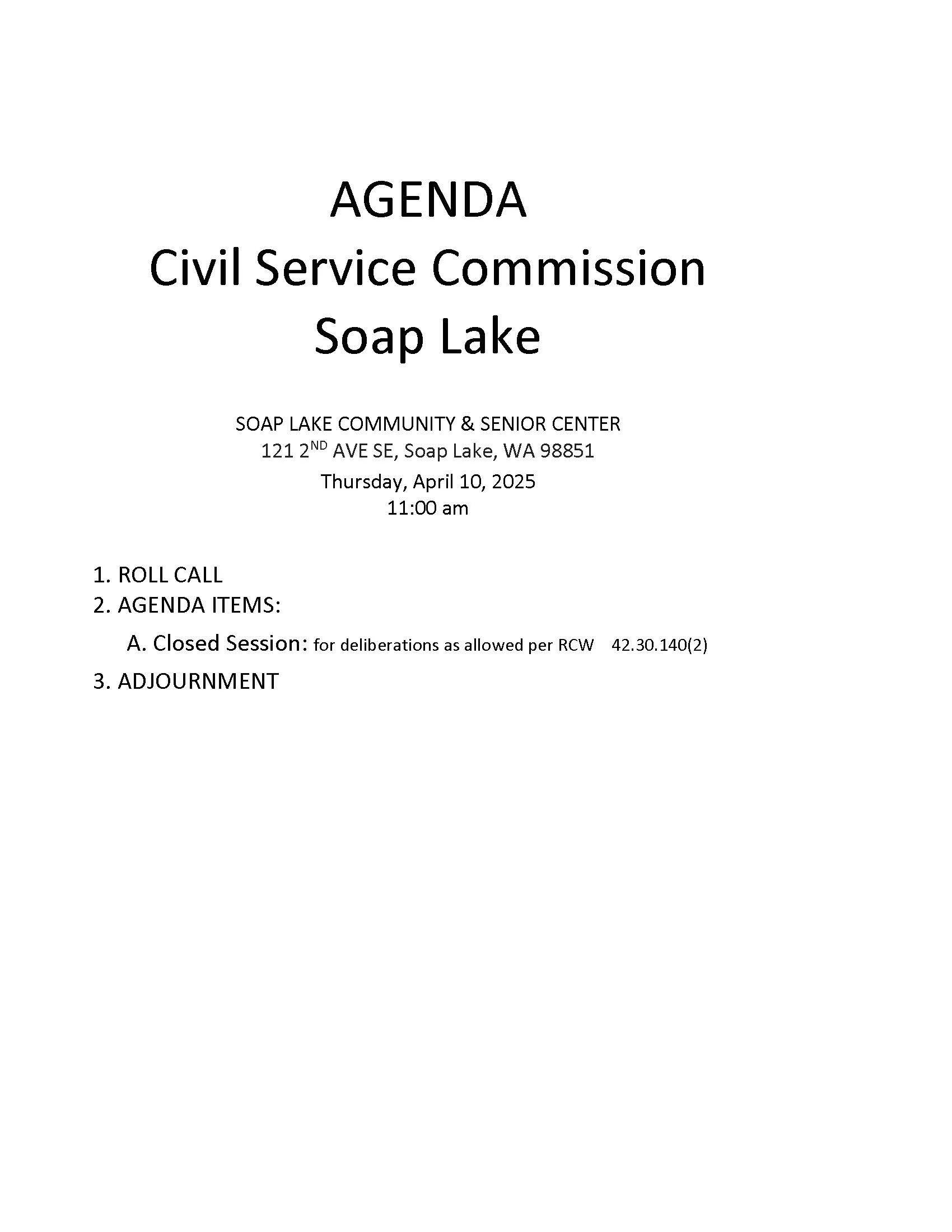 Civil Service Commission April 10, 2025 11:00 am — City of Soap Lake