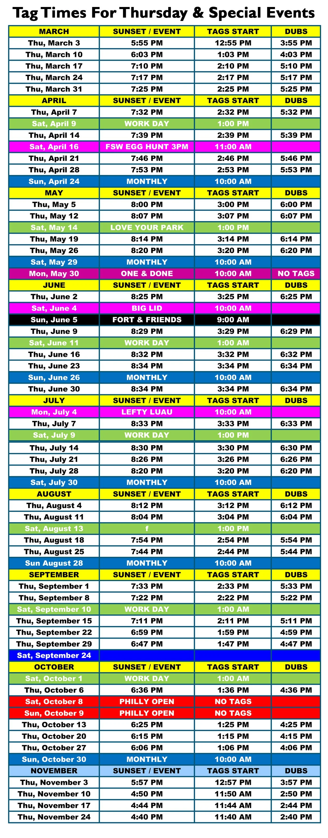 Tag Times & Special Events — Sedgley Woods
