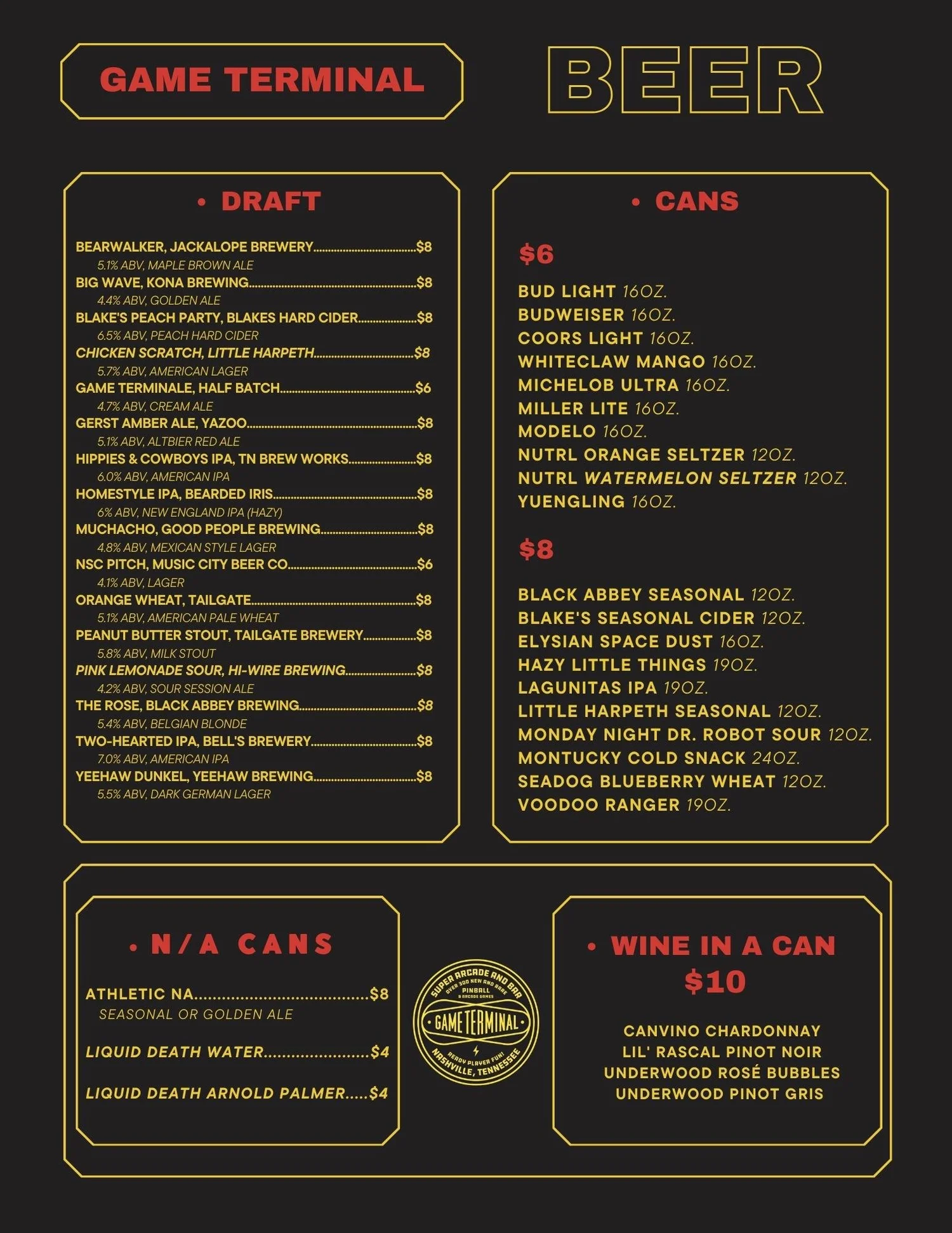 Food & Drink Menus — Game Terminal