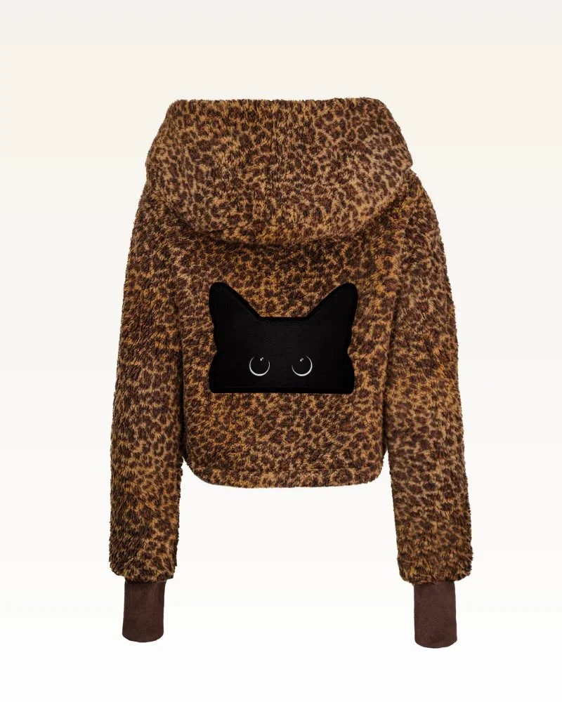 Black Cat Cropped Sherpa Jacket Leopard — Beth’s Furry Friends