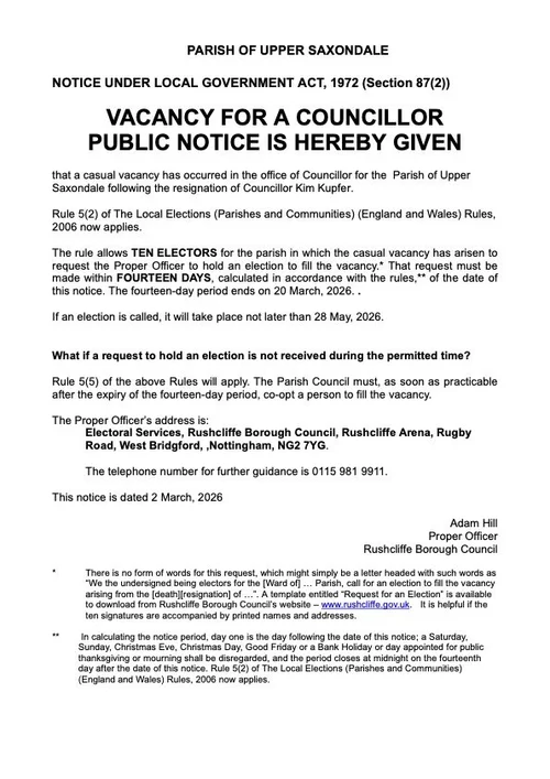 Public Notices — Upper Saxondale Parish Council