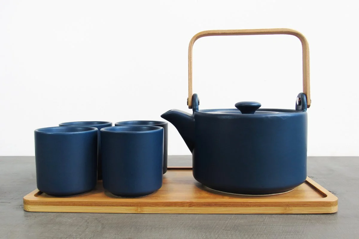 Blue Tea Set with White Blossoms - 6 pcs | Arogya Holistic Healing