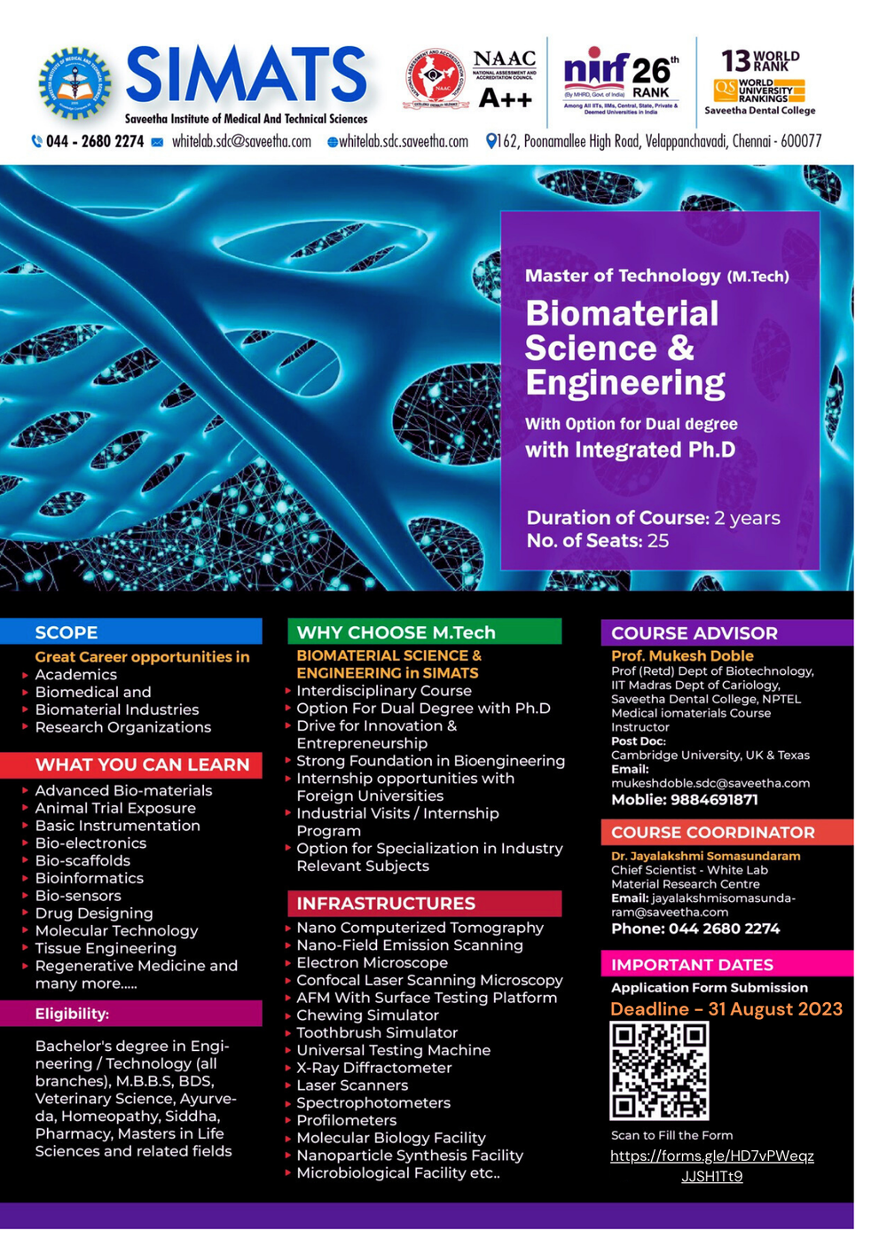 M.Tech - Biomaterial Science and Engineering — WHITE LAB