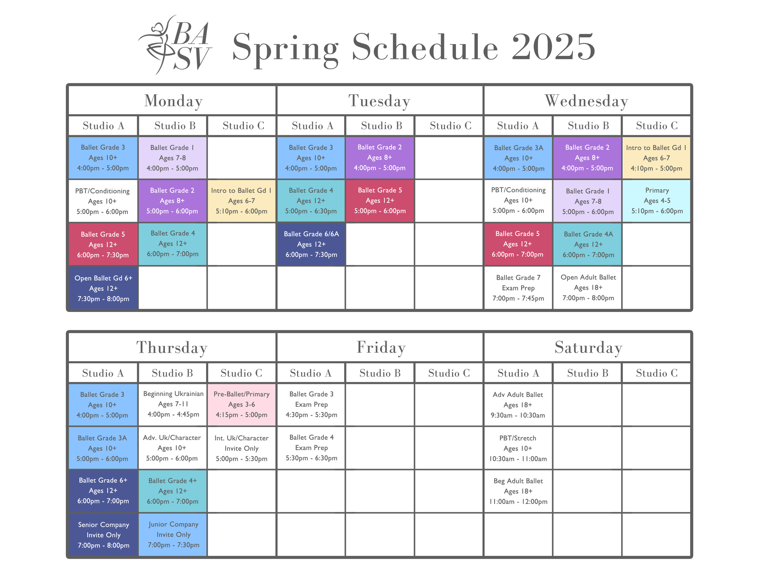 Spring 2024 Class Schedule — Ballet Academy of Silicon Valley