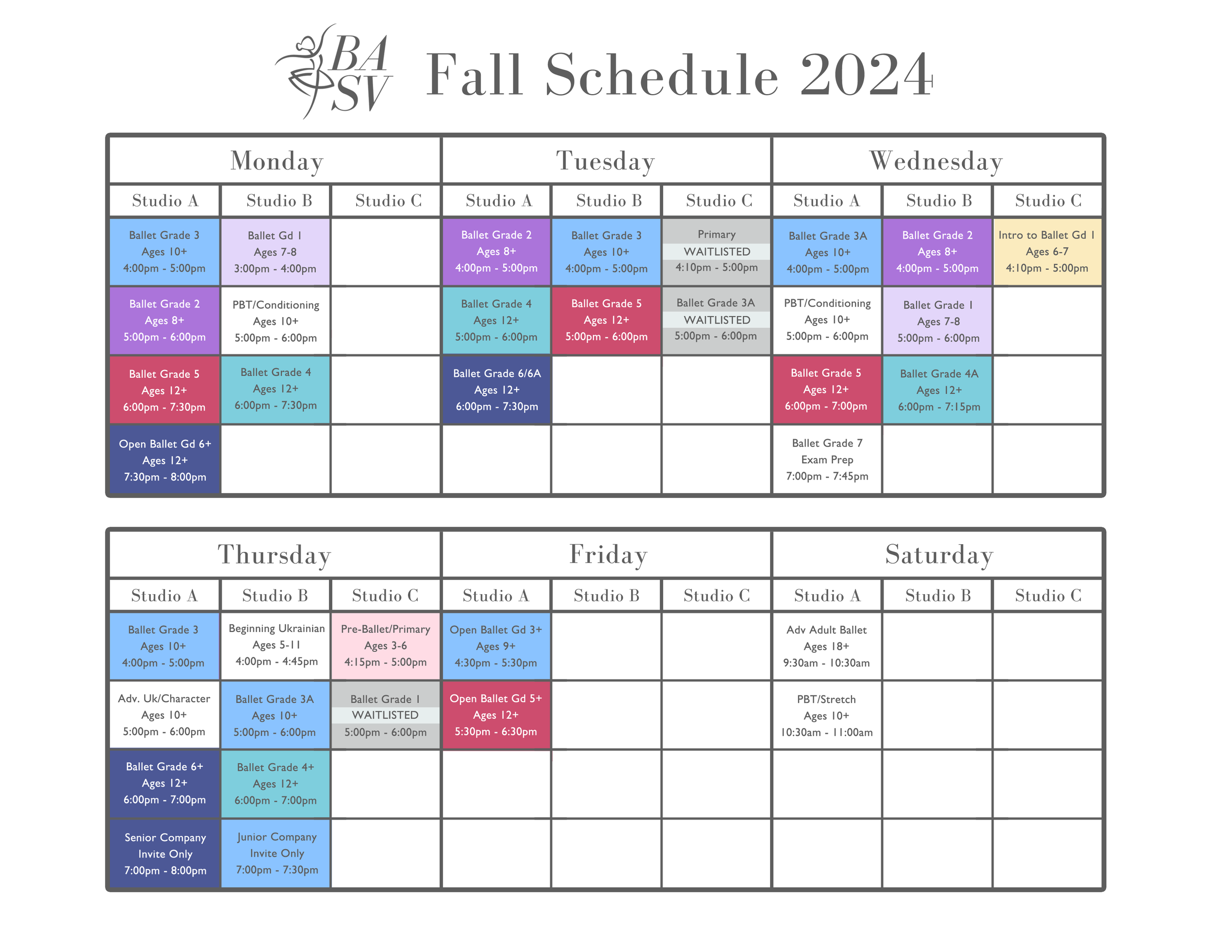 Fall Class Schedule — Ballet Academy of Silicon Valley
