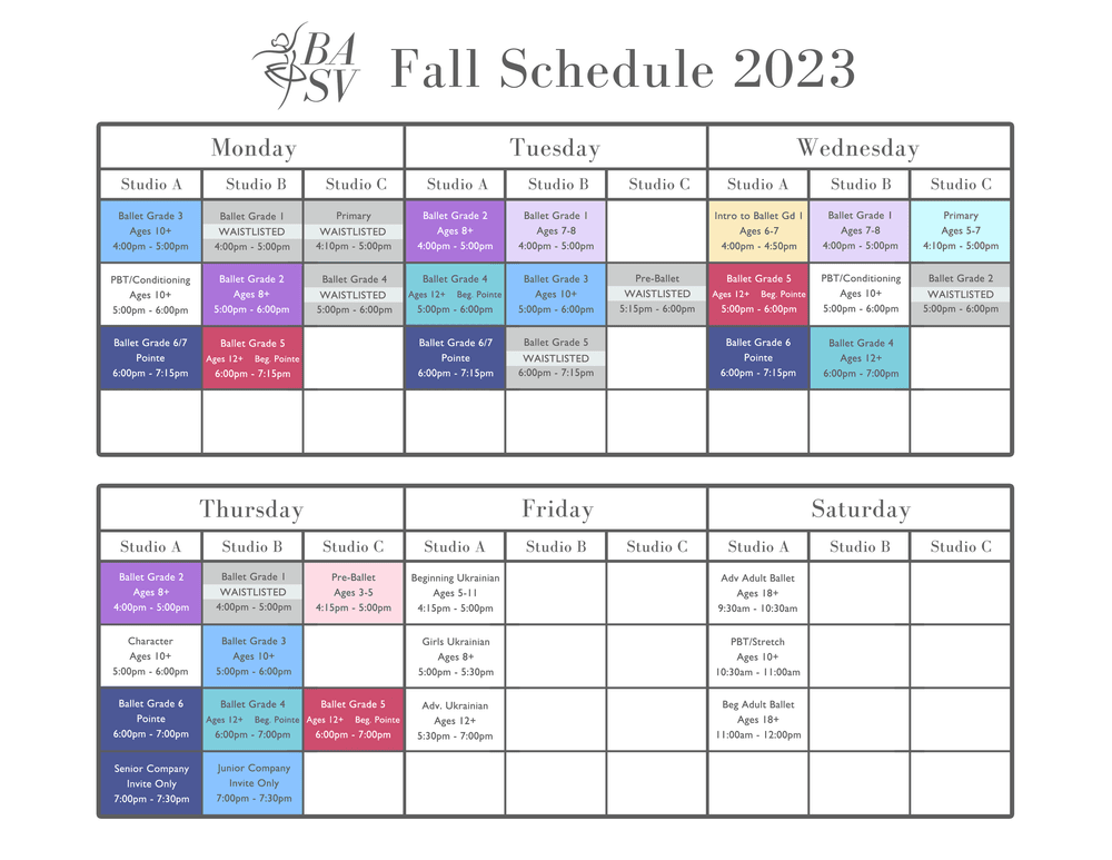 Fall Class Schedule — Ballet Academy of Silicon Valley