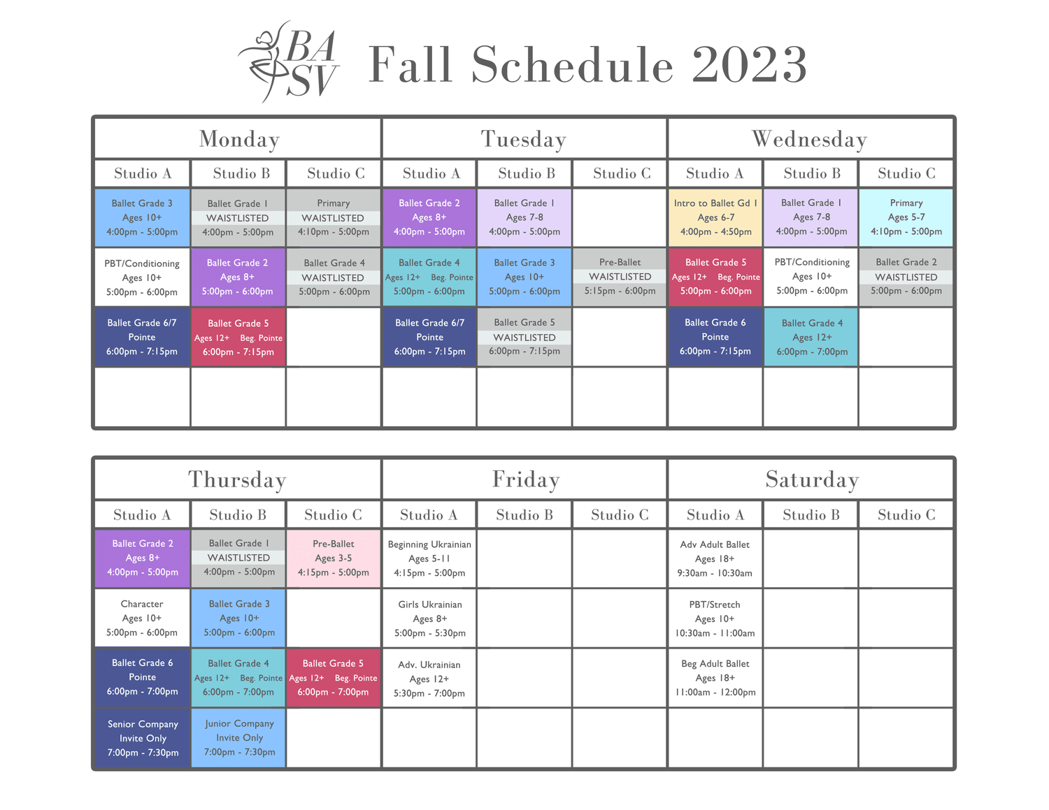 Fall Class Schedule — Ballet Academy of Silicon Valley