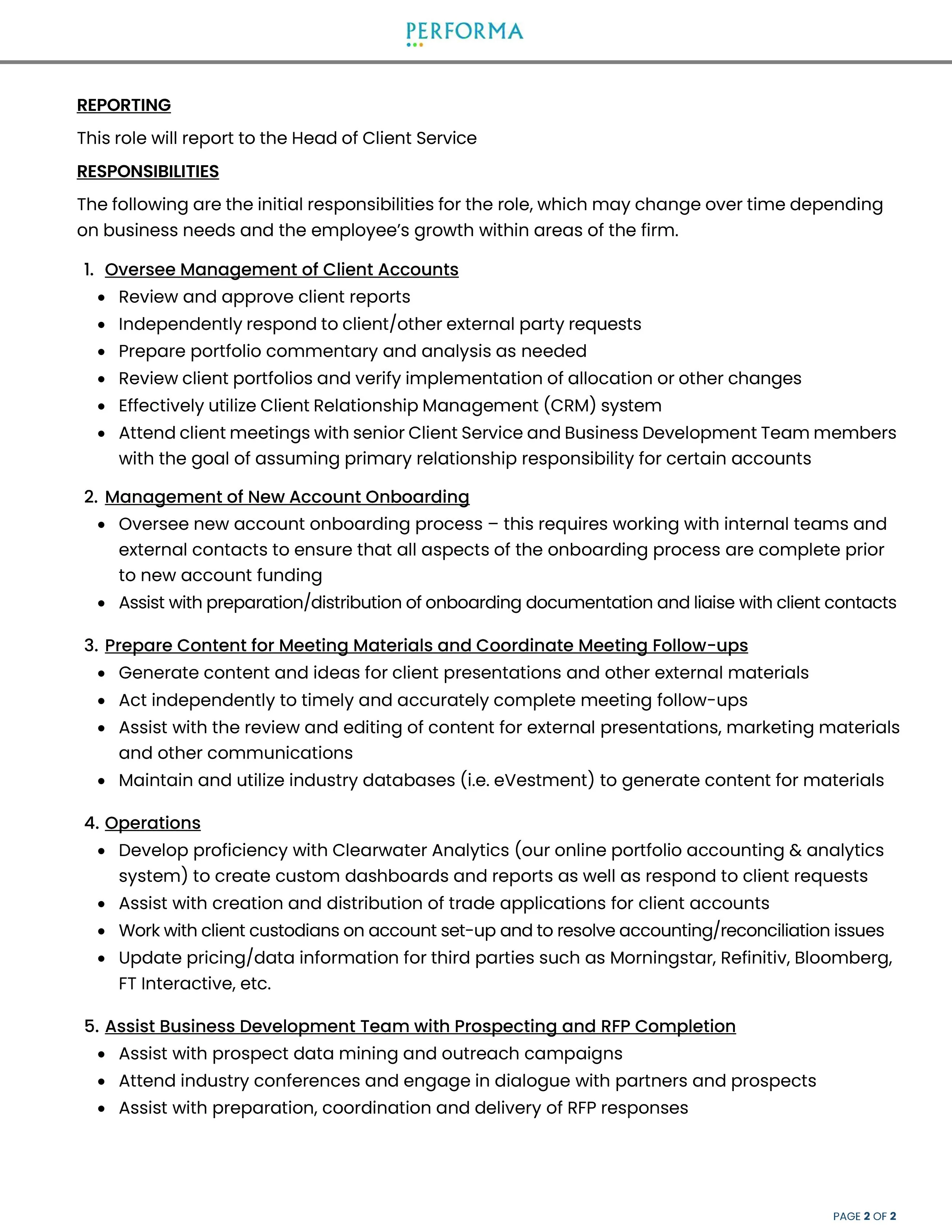 Client Service Analyst 2023 — Performa