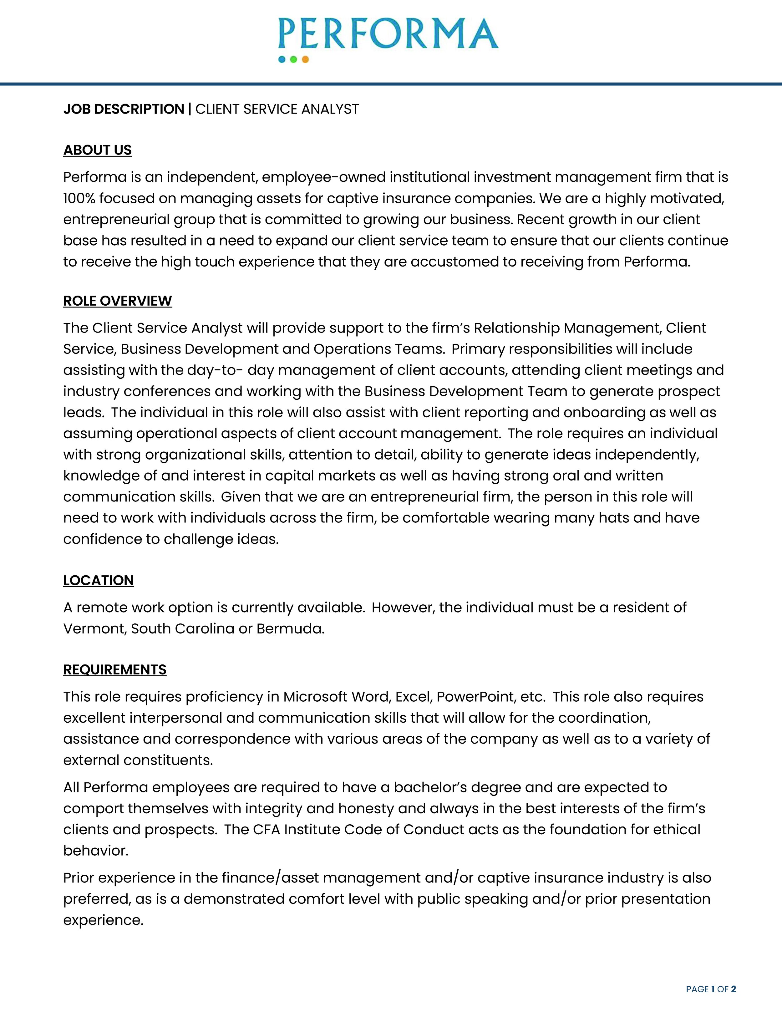 Client Service Analyst 2023 — Performa