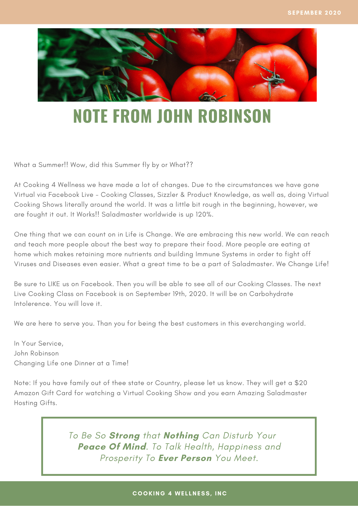 September 2020 Newsletter — Cooking 4 Wellness, Inc