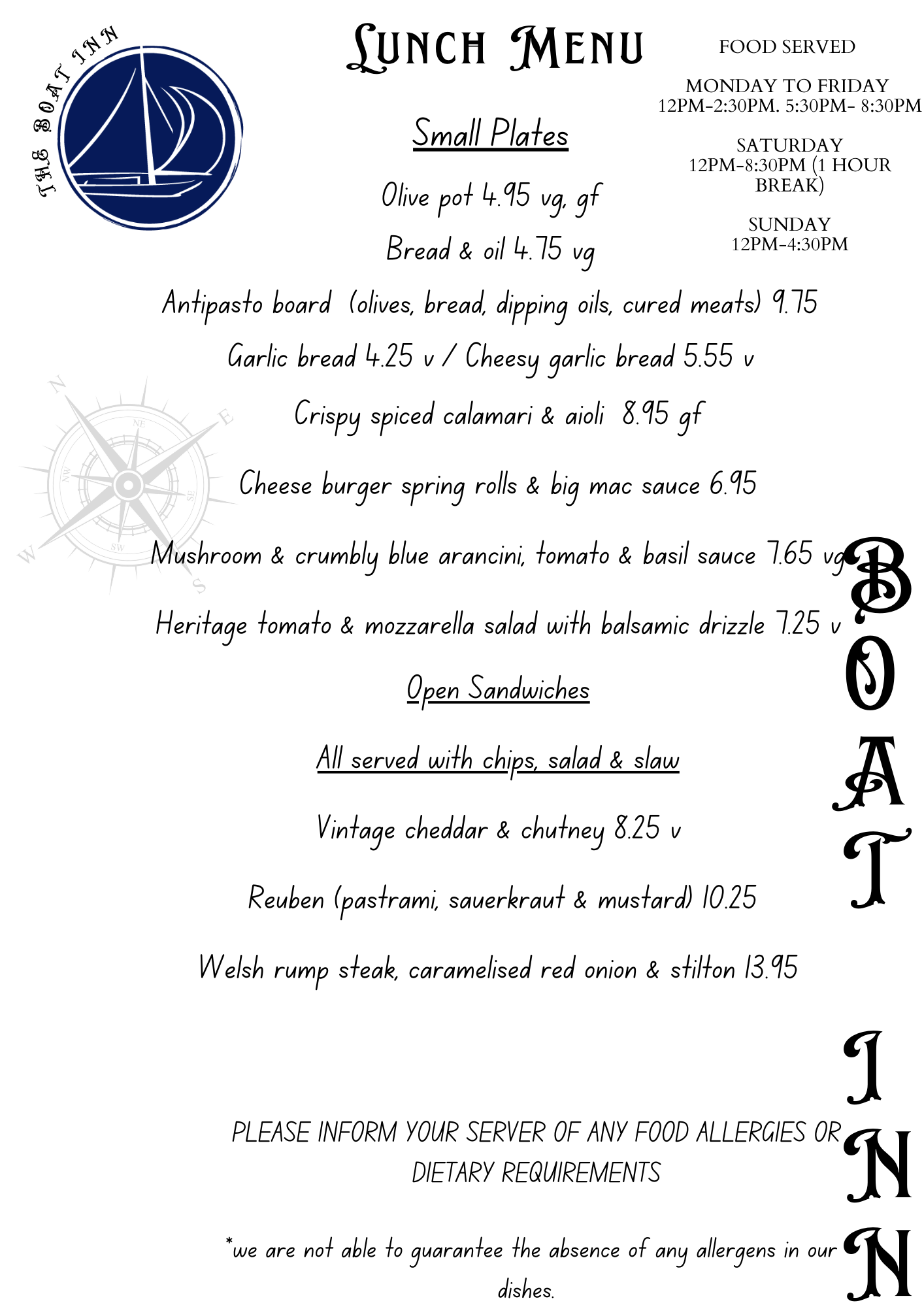 Menu — The Boat Inn Chepstow